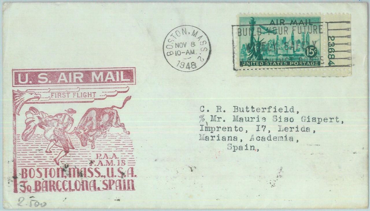 83232 - USA- Postal History - FIRST FLIGHT: Boston \ Barcelona - # E20 ...