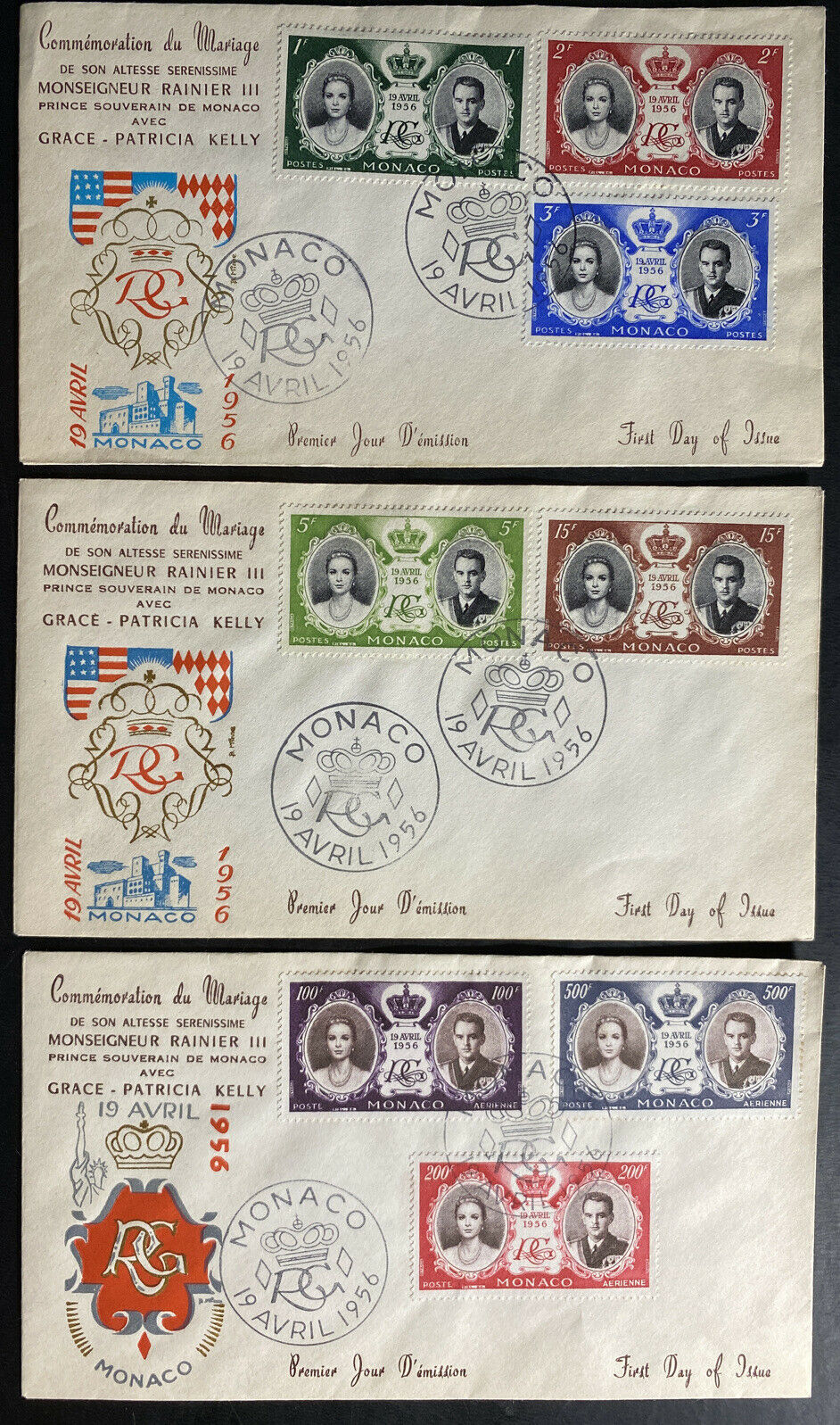 1956 Monaco First Day 3 Covers FDC Royal Wedding Prince Rainier III ...