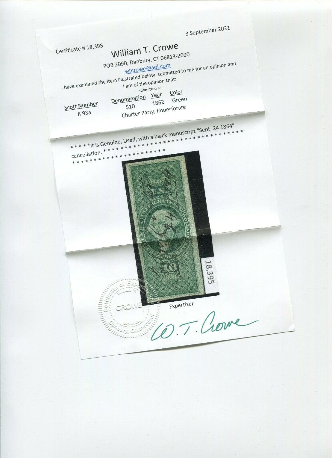 R93a $10 Charter Party Revenue Imperf Used Stamp with Crowe Cert (Bz 30 ...
