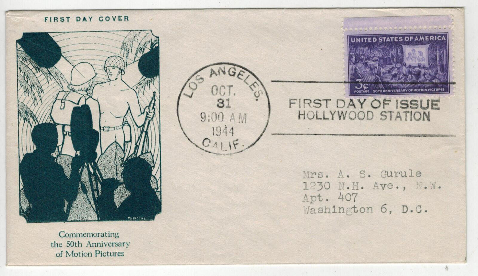 1944 WW2 Patriotic FDC 926-9 50th ANNIV OF MOTION PICTURES Los Angeles ...