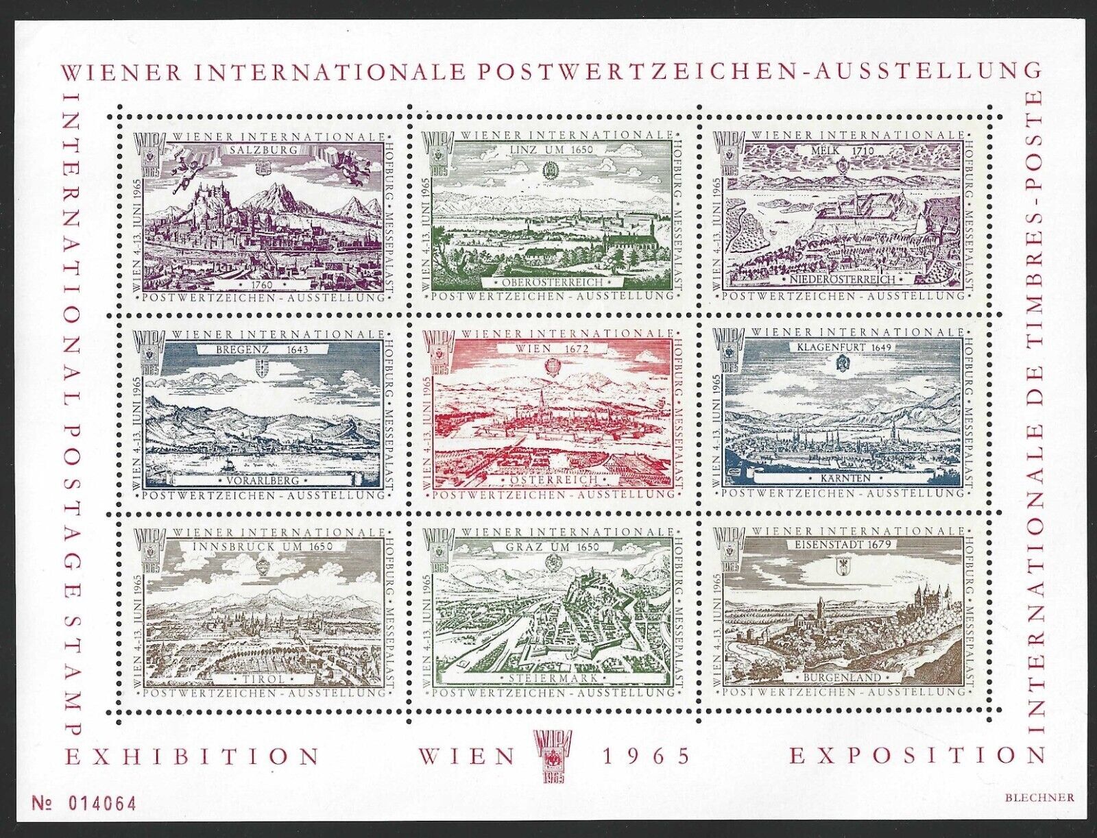 WIPA 1965, International Postage Stamp Exhibition, Sheet of 9 Poster ...