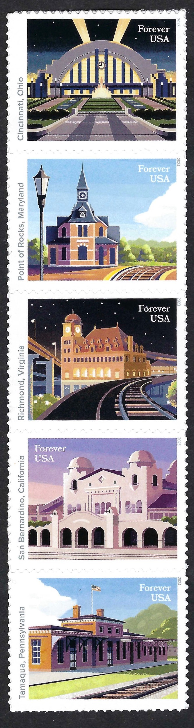 United States #5758-62 Forever (63¢) Railroad Stations. Strip of 5. MNH ...