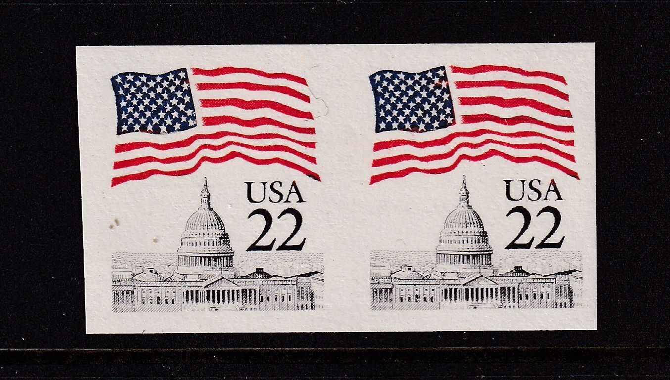1985 Imperforate pair Sc 2115f 22c Flag over Capitol coil error (D3 ...