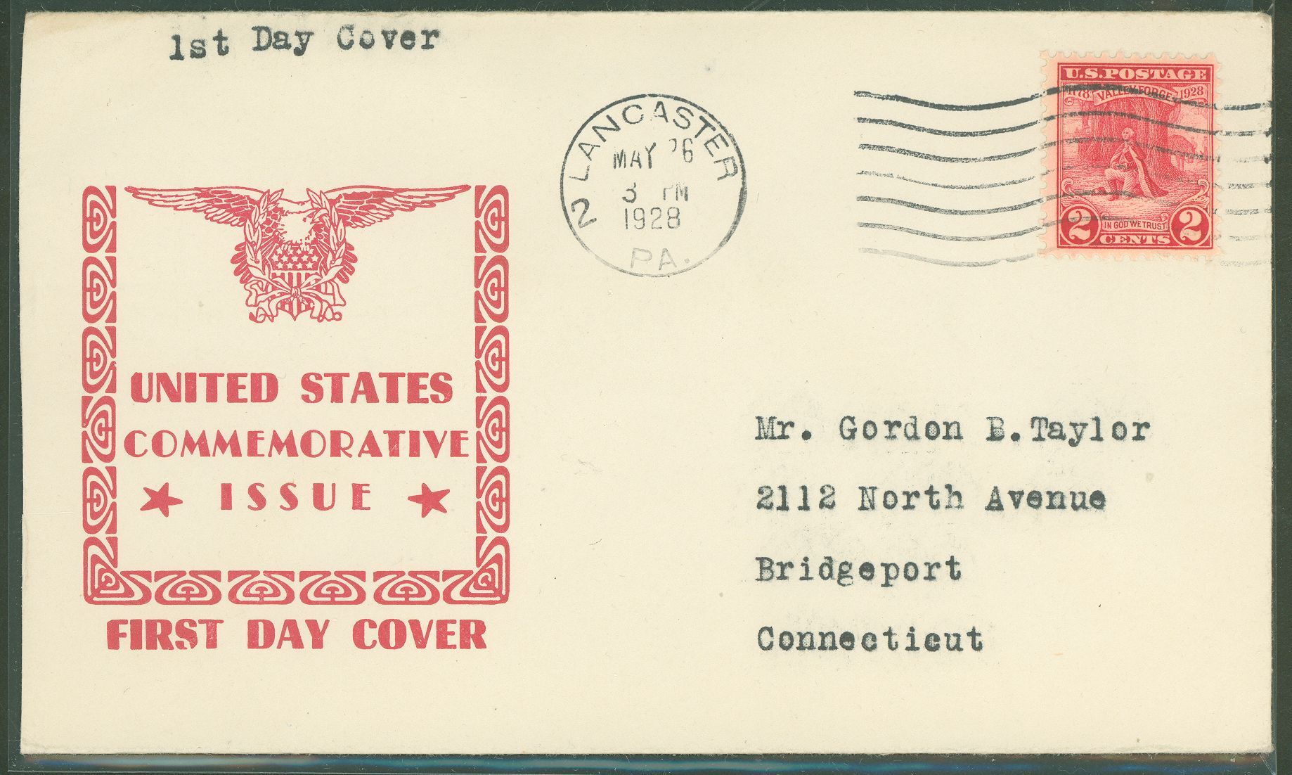 US 645 1928 2c Valley Forge (single) on an addressed(typed)FDC with a ...