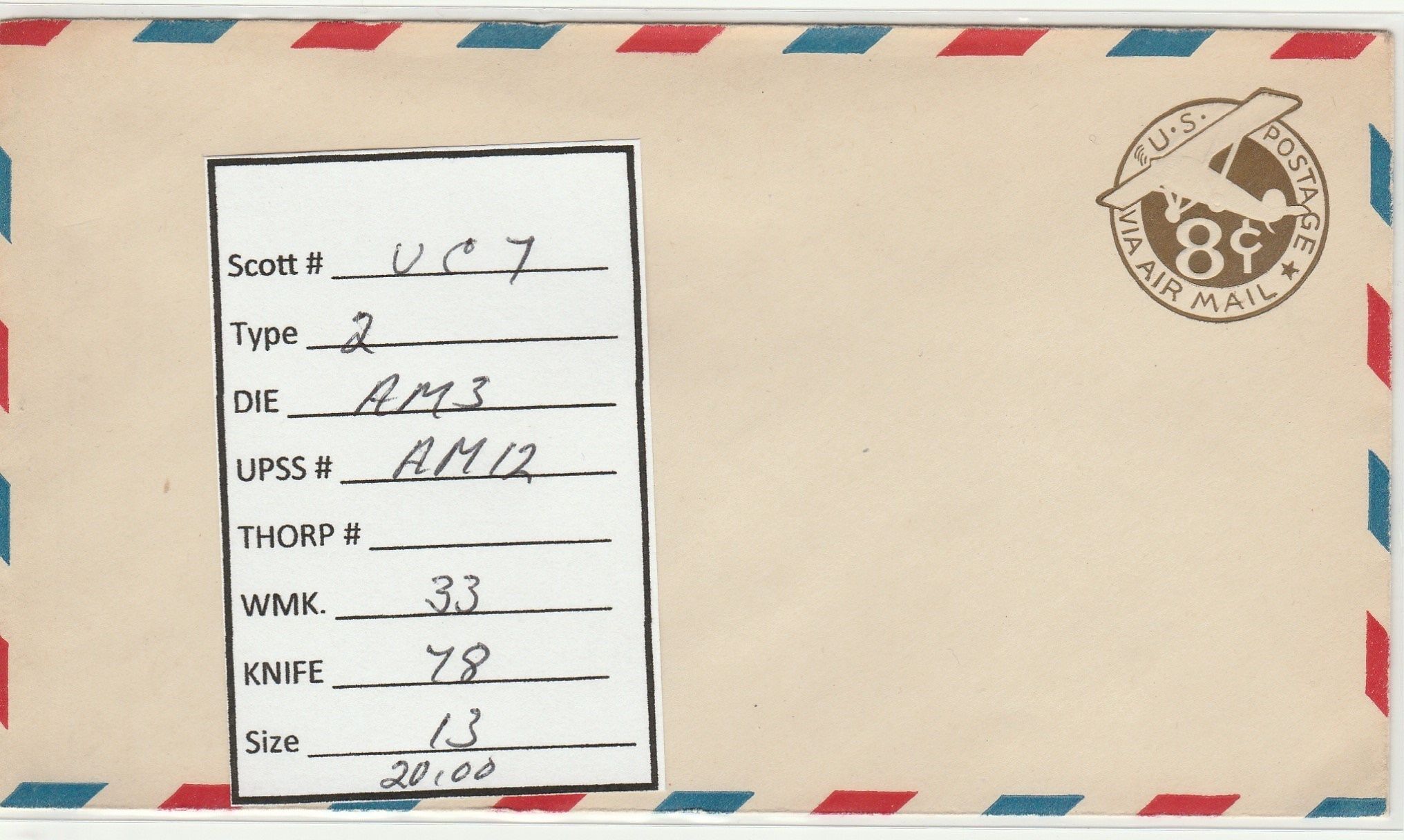 Scott# UC7 UPSS#AM12 Watermark 33 US air mail envelope. | United States ...