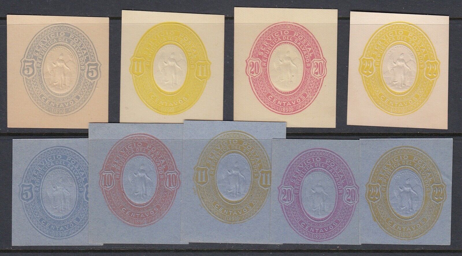 El Salvador 1890 Embossed Seebeck Cut Squares x 9 Mint. Two Paper Types ...