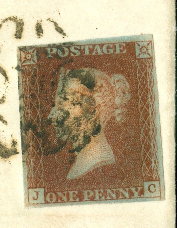 SG 8 1d red-brown plate 16 lettered JC, tied to cover with a black ...