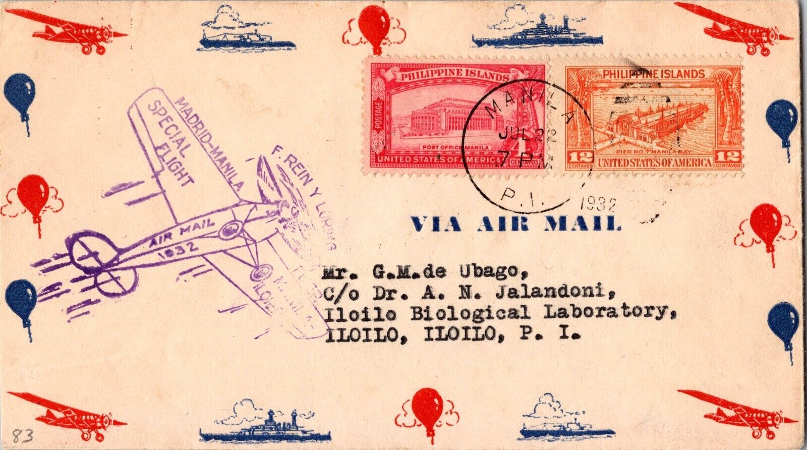 1932 Philippines Manila Air Mail Cover to Iloilo Sea First Flight Cover ...