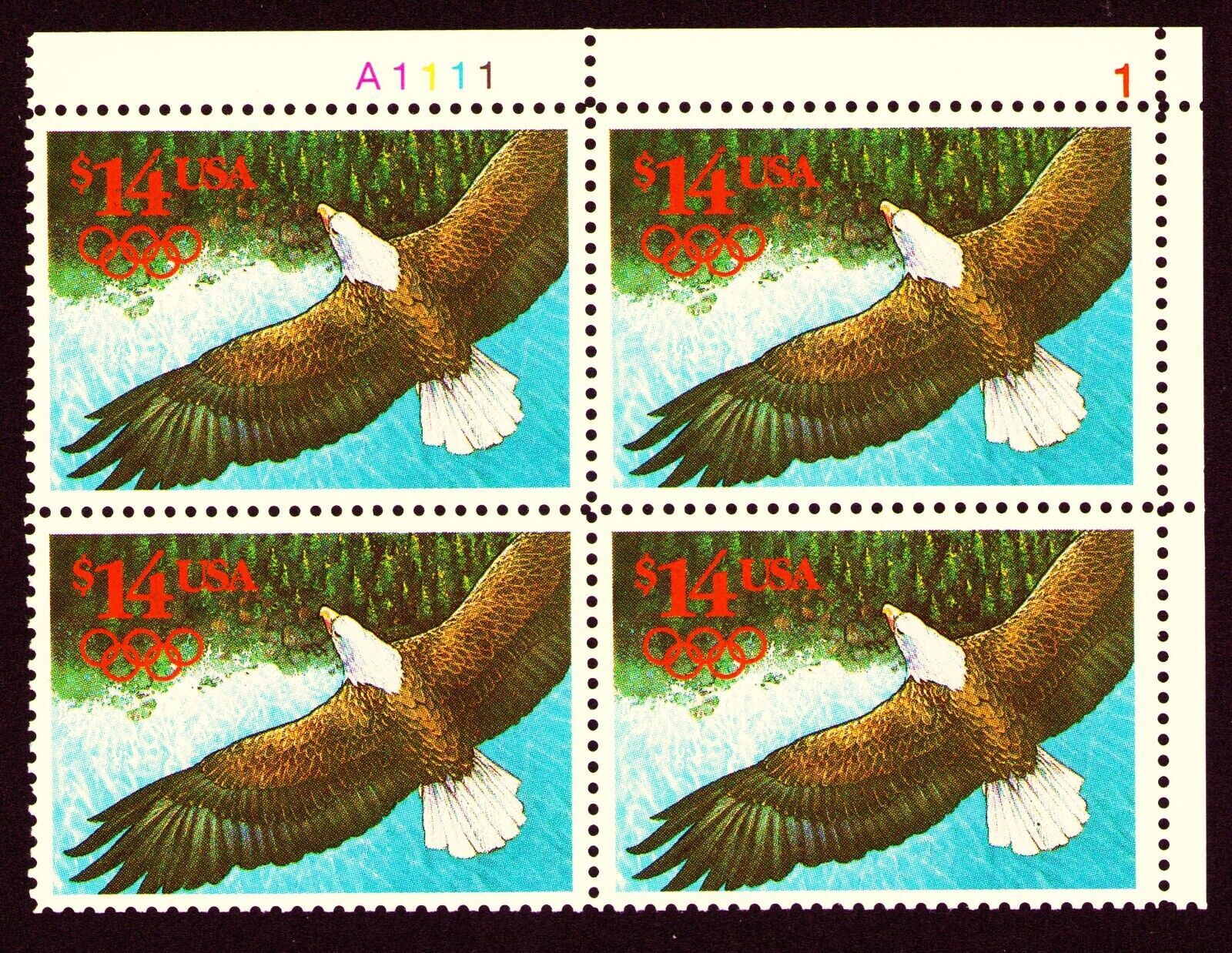 2542 Eagle In Flight Olympic Rings Express Mail $14 Plate Block 1991 UR ...
