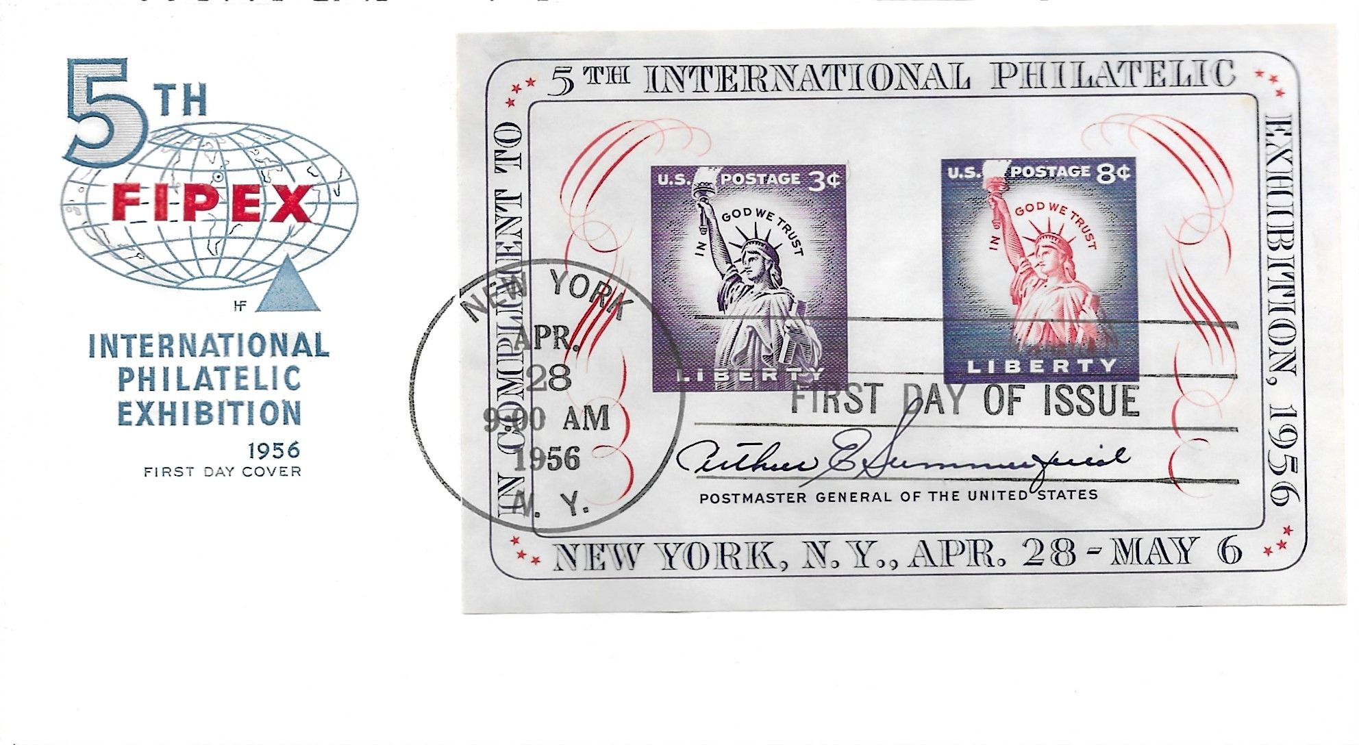 1956 FDC, #1075, 3c/8c FIPEX S/S, House of Farnam | United States ...