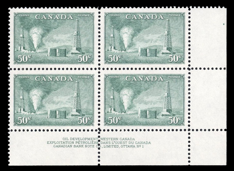 Canada #294 Cat$35, 1950 50c blue green, plate block of four, never ...