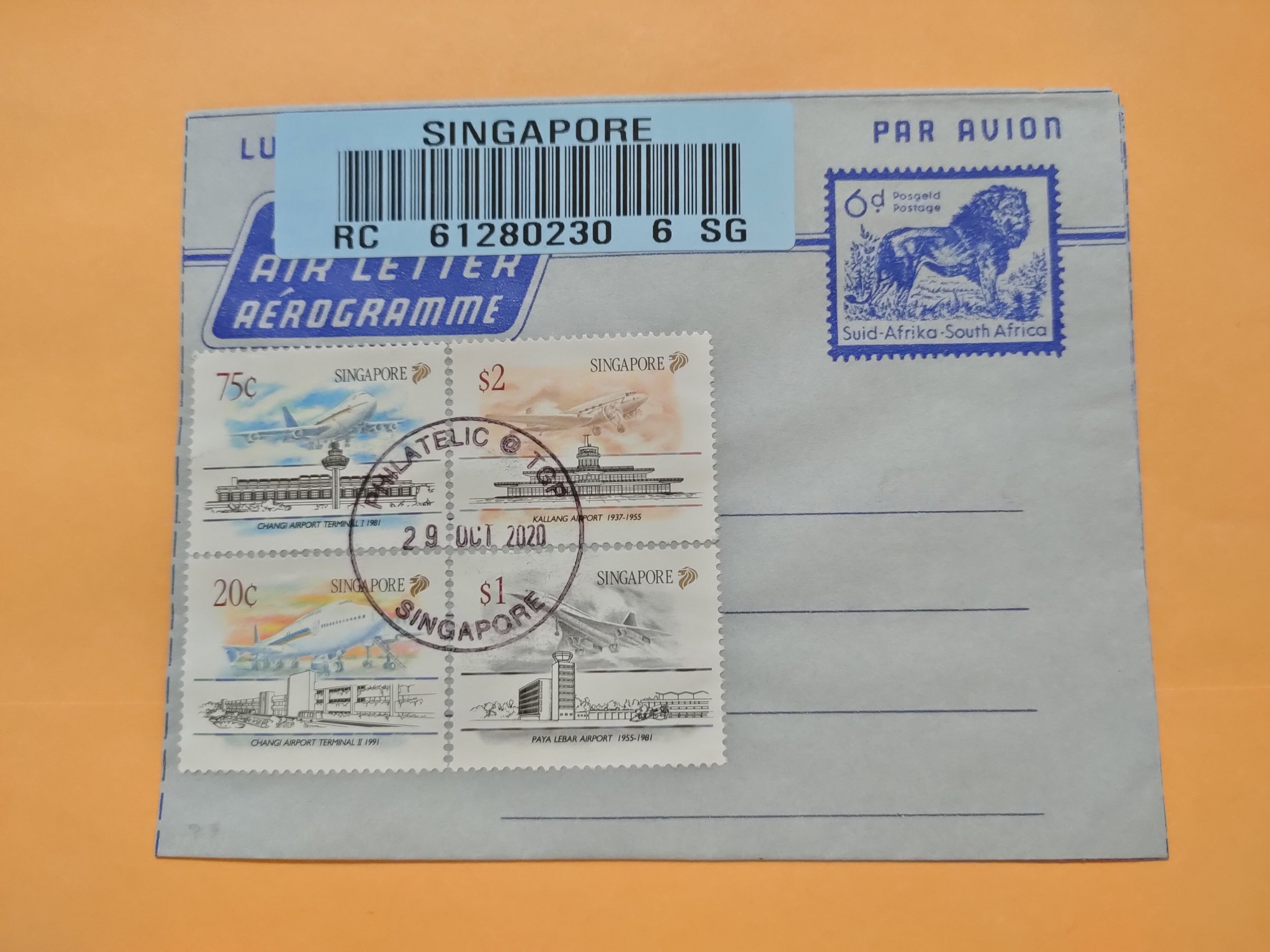 South Africa 6d U/a Registered Aerogram With Singapore Stamp SET ...