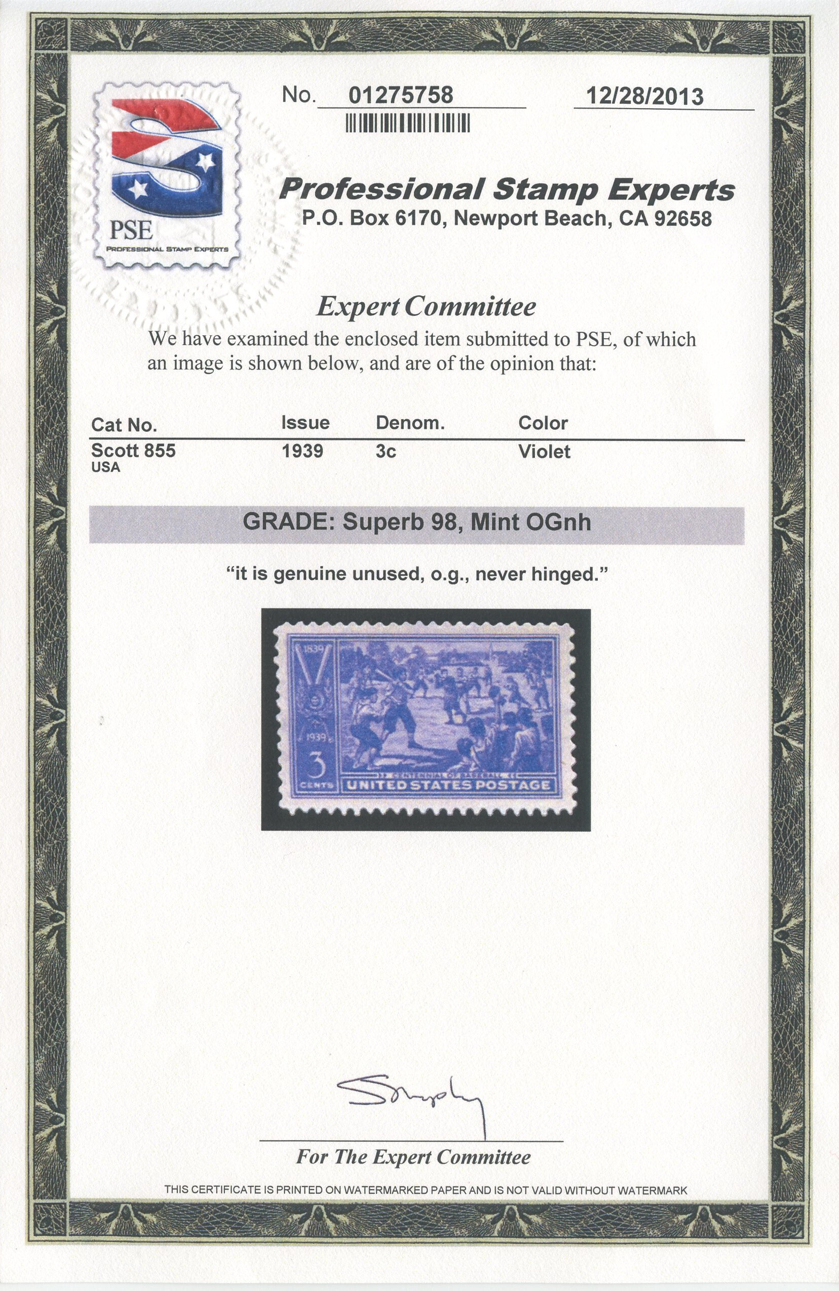 US Scott #855 Mint, S, NH, PSE (Graded 98) | United States, General ...