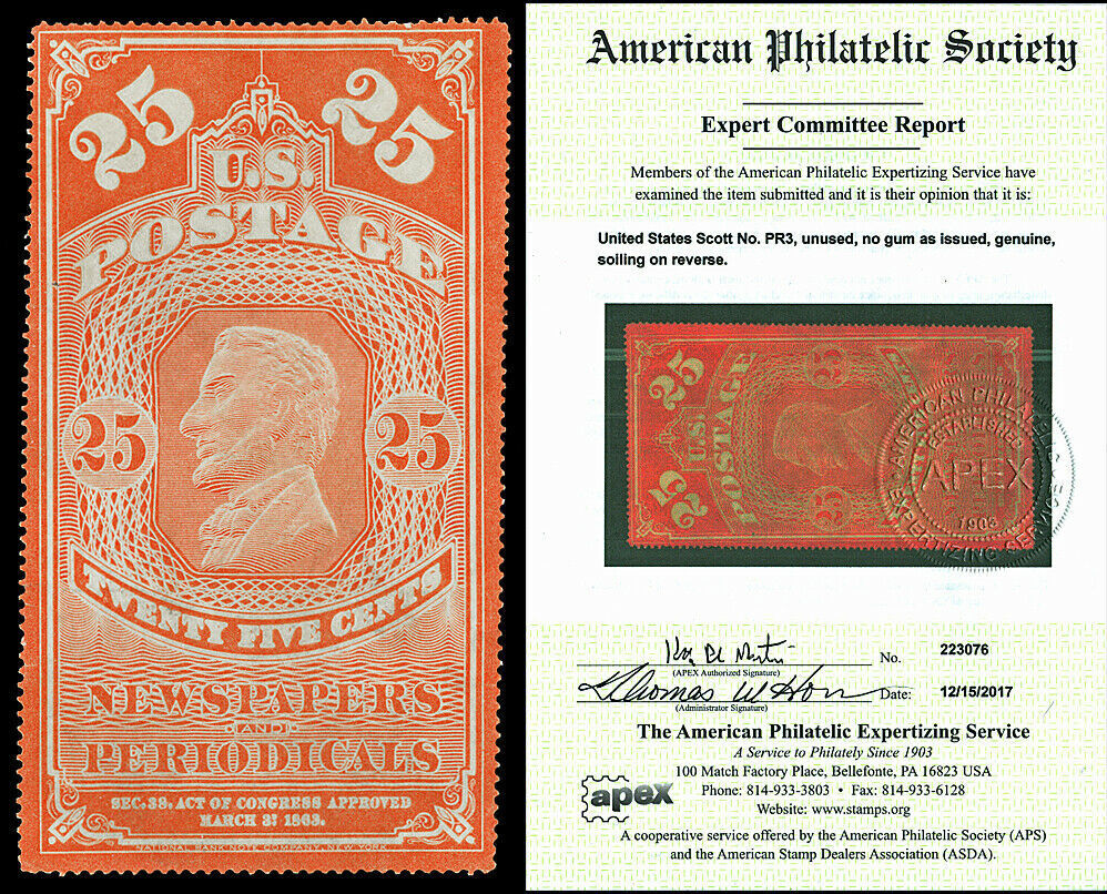 Scott PR3 1865 25c Orange Red Newspaper Issue Unused F-VF Cat $400 with ...