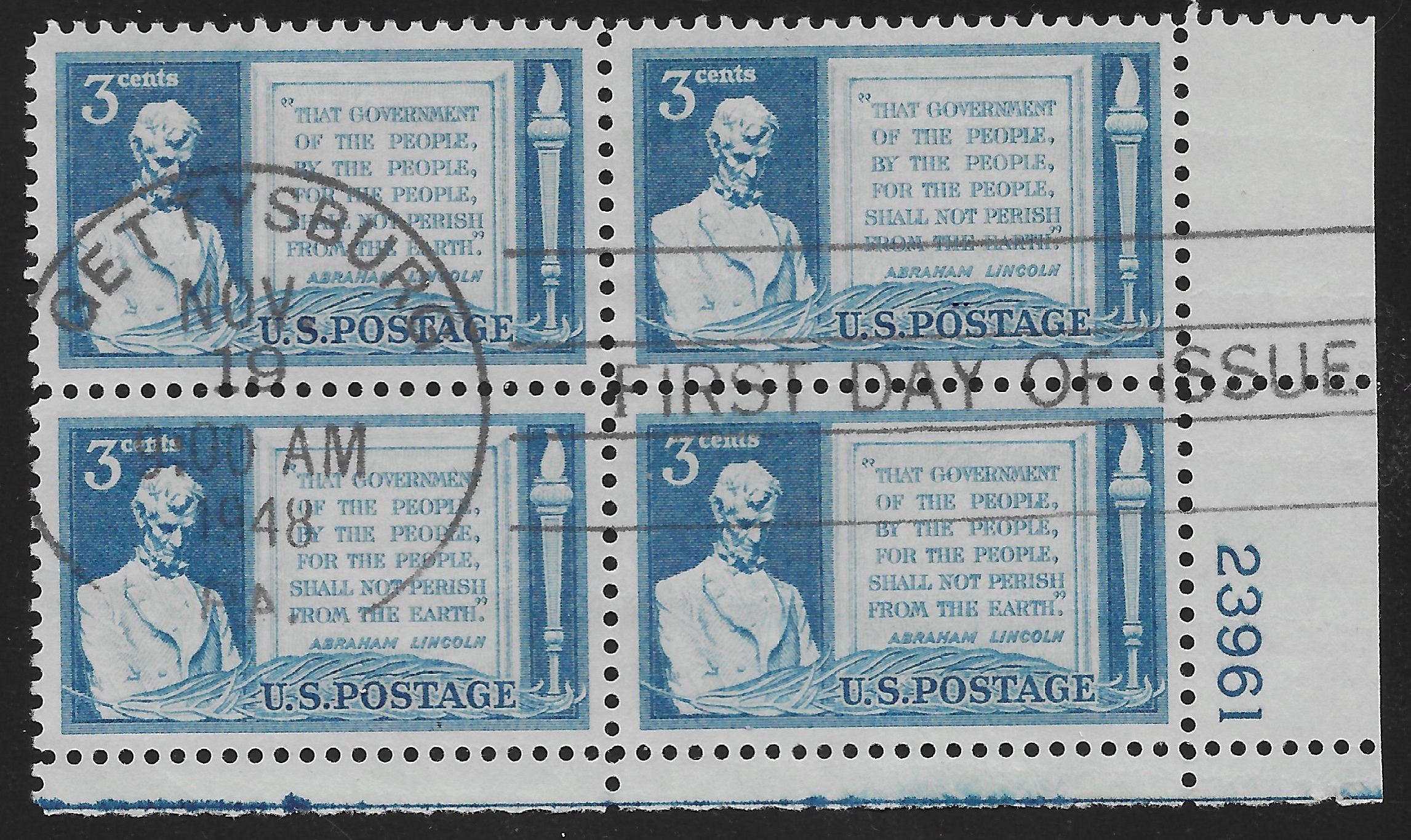 US #978 3c Abraham Lincoln and Quotation from Gettsburg Address ...