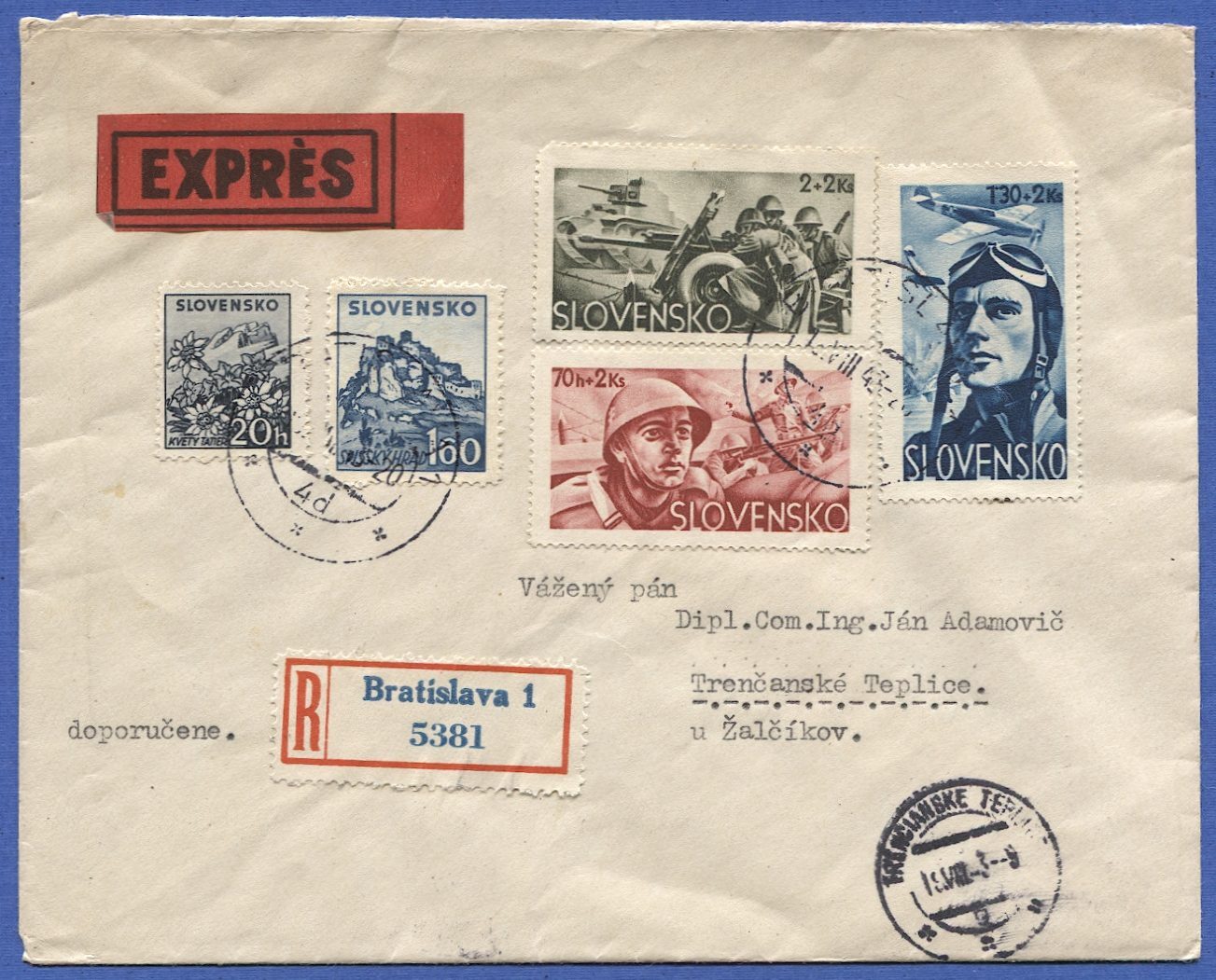 SLOVAKIA 1943 Reg.Express cover, Bratislava + Military set + Cinderella ...