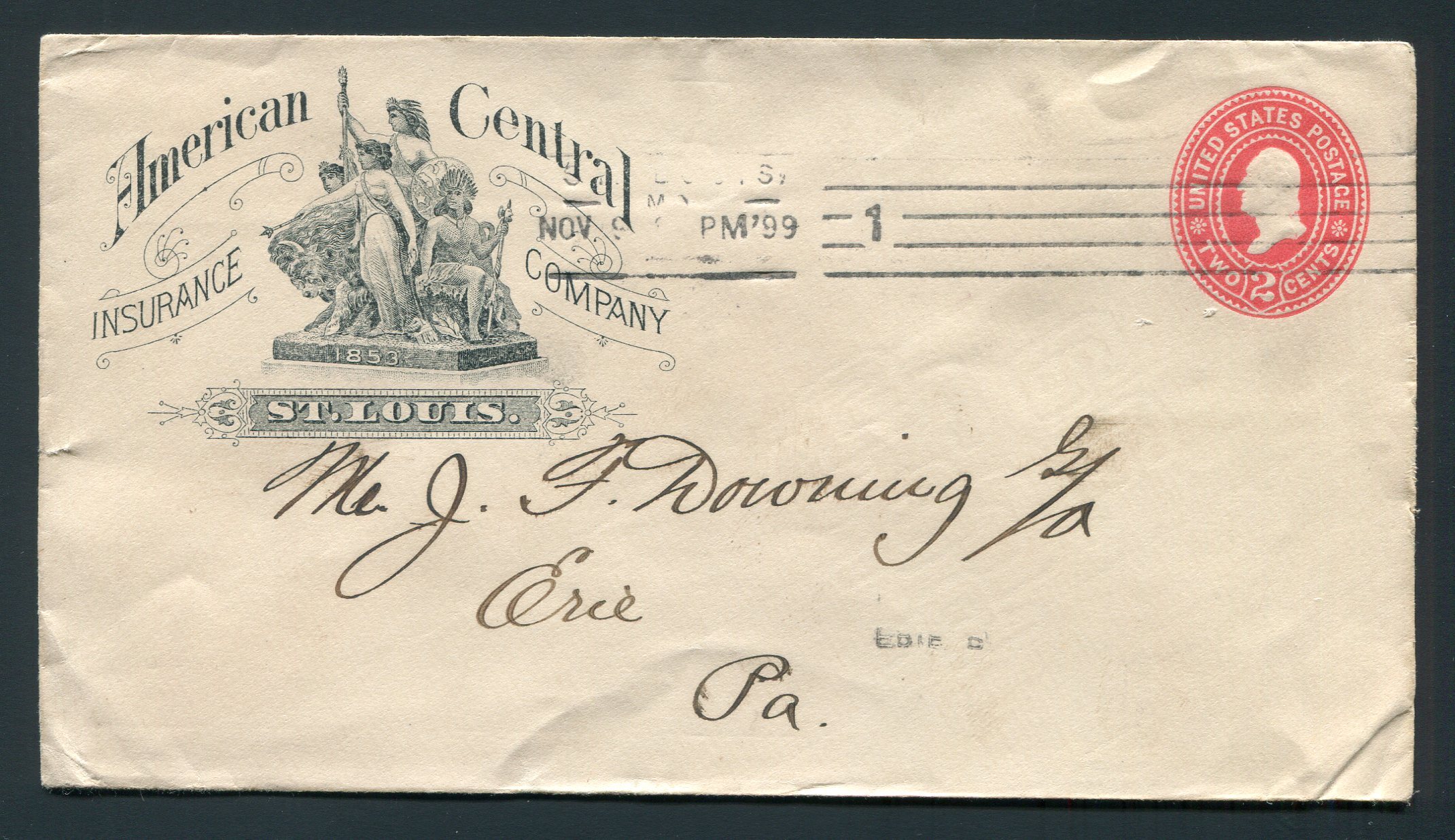 1899 American Central Insurance Co. - St. Louis, Missouri to Erie ...
