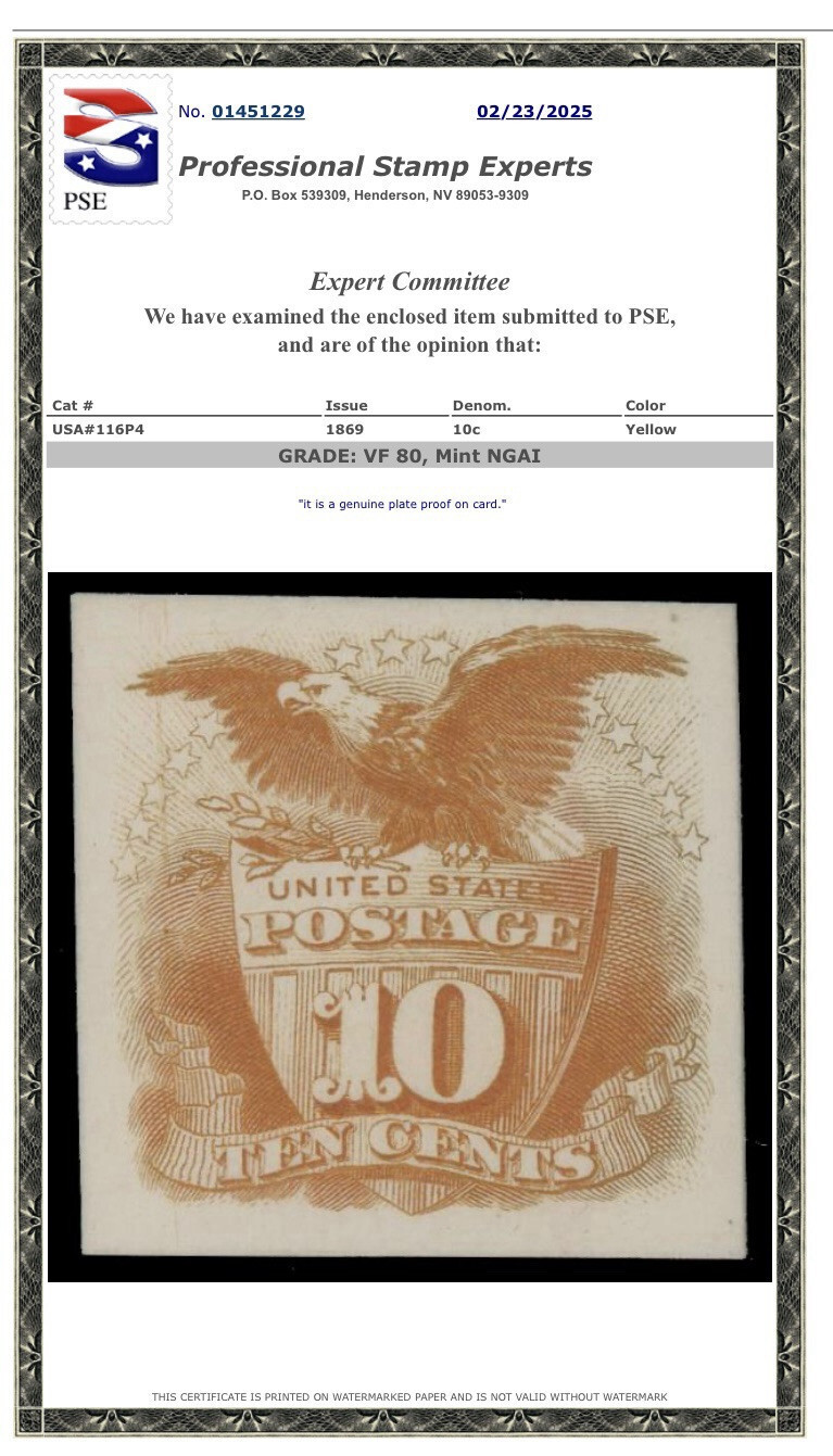 USA Scott # 116P4 10 Cent Yellow Stamp PSE Certificate Grade 80 NGAI ...