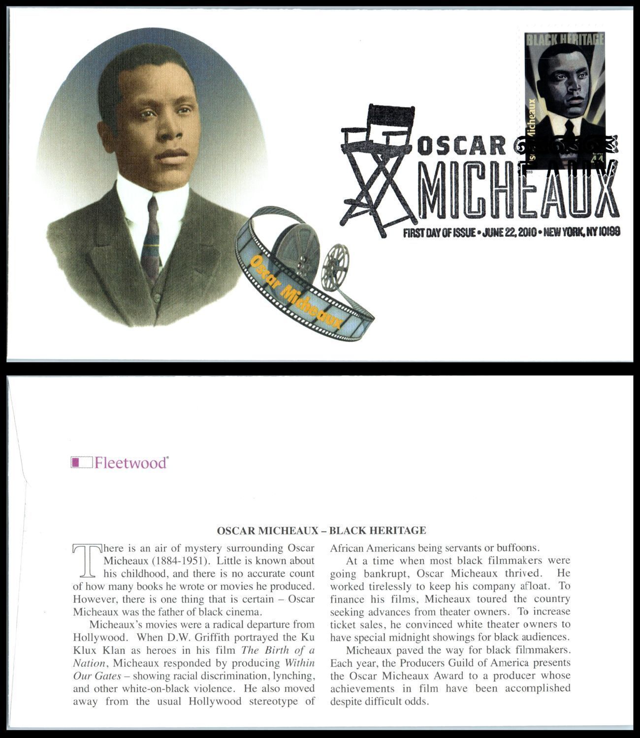 2010 Oscar Micheaux film director Sc 4464 44c FDC with Fleetwood cachet ...