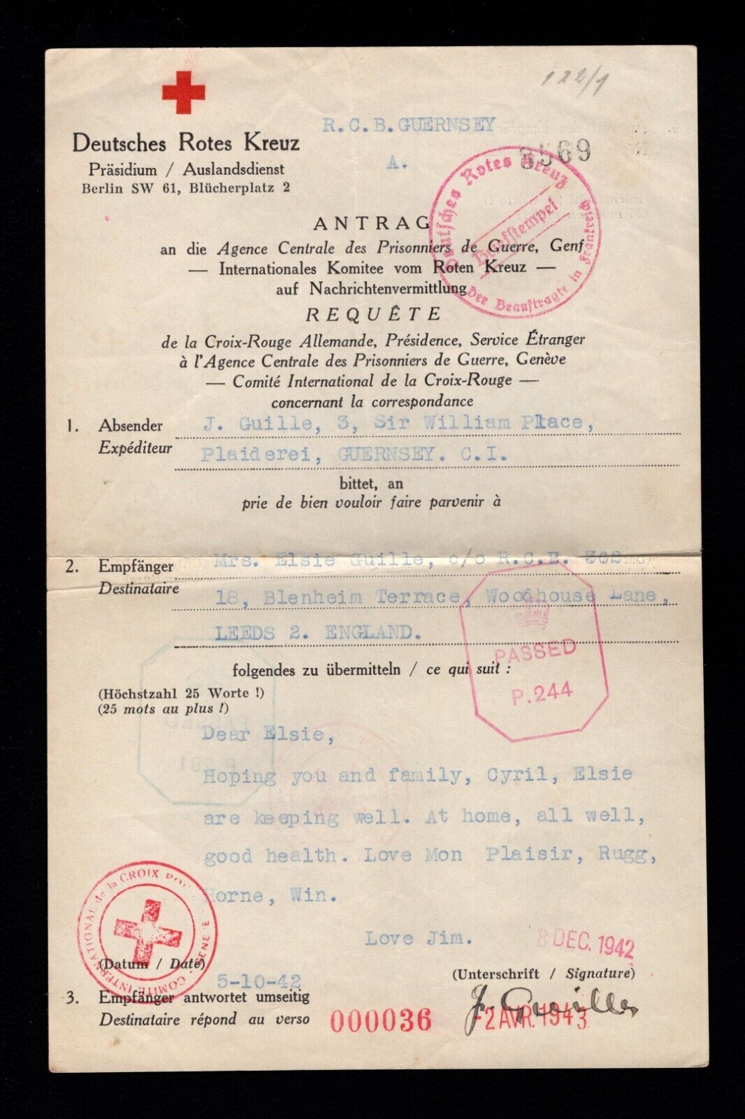 Channel Islands Occupied WWII Censor German Red Cross 1942 Swiss Red ...