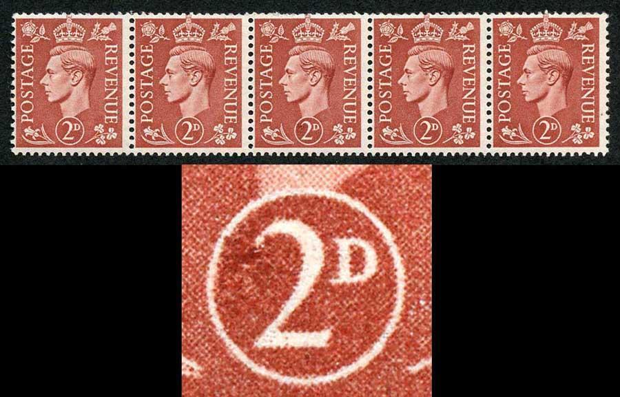 KGVI 2d Pale Red Brown SG506 Spec Q12/2f U/M Strip 5 Variety Retouched ...