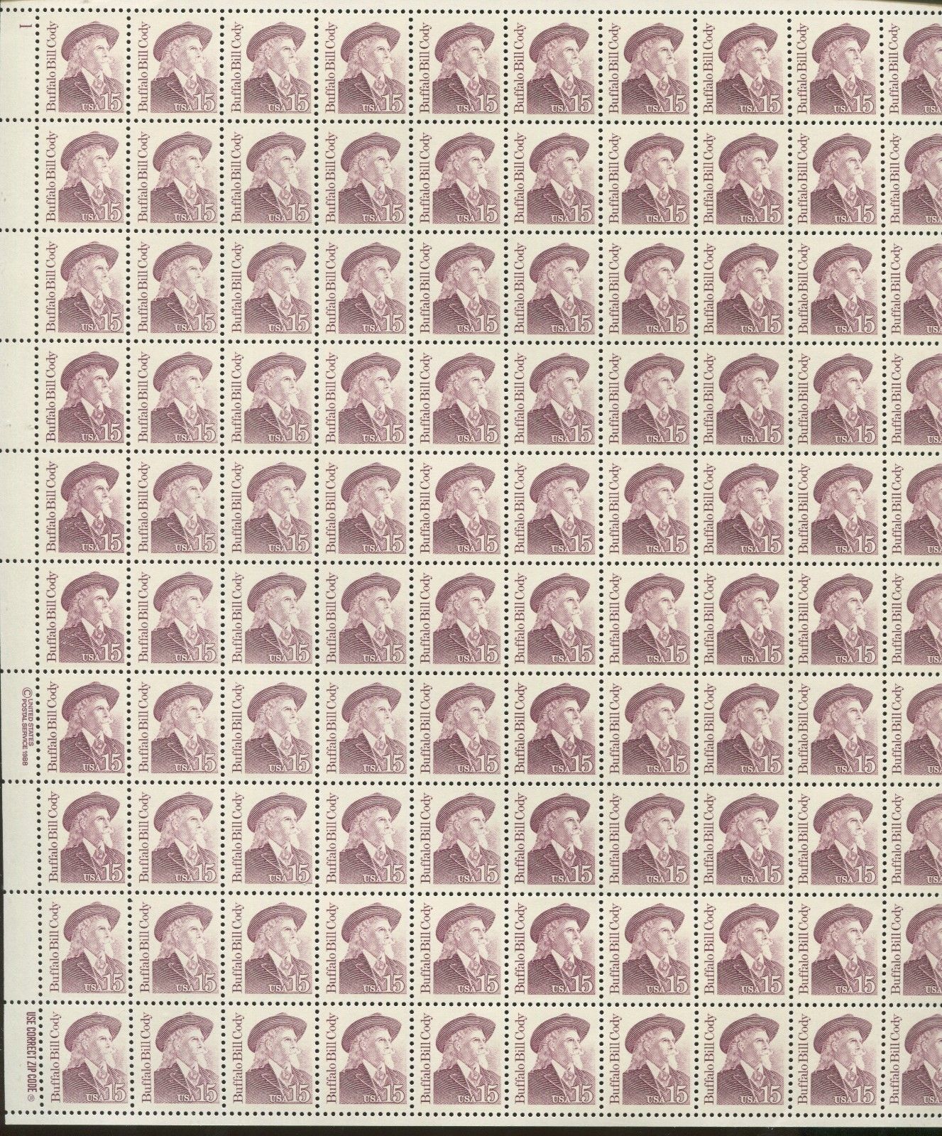 Pane of 100 USA Stamps 2177b American Scout Buffalo Bill Brookman Price ...