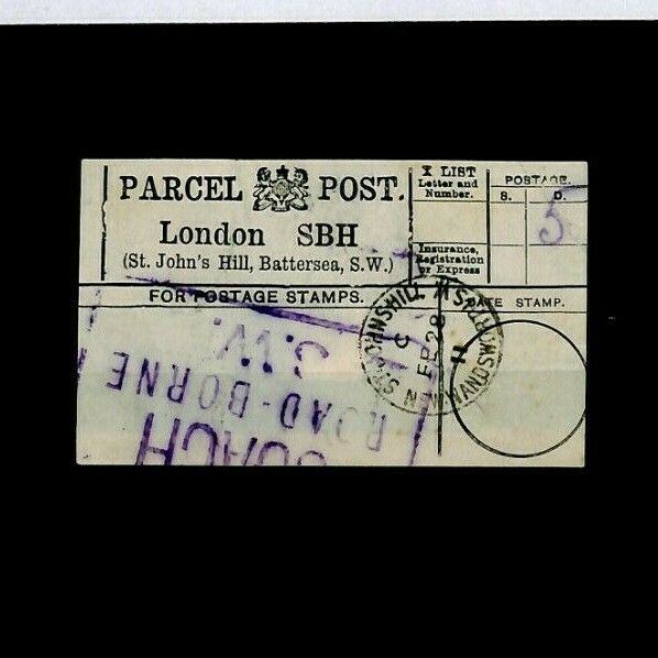 GB Coach Road Borne PARCEL POST LABEL London St John's Hill Battersea ...