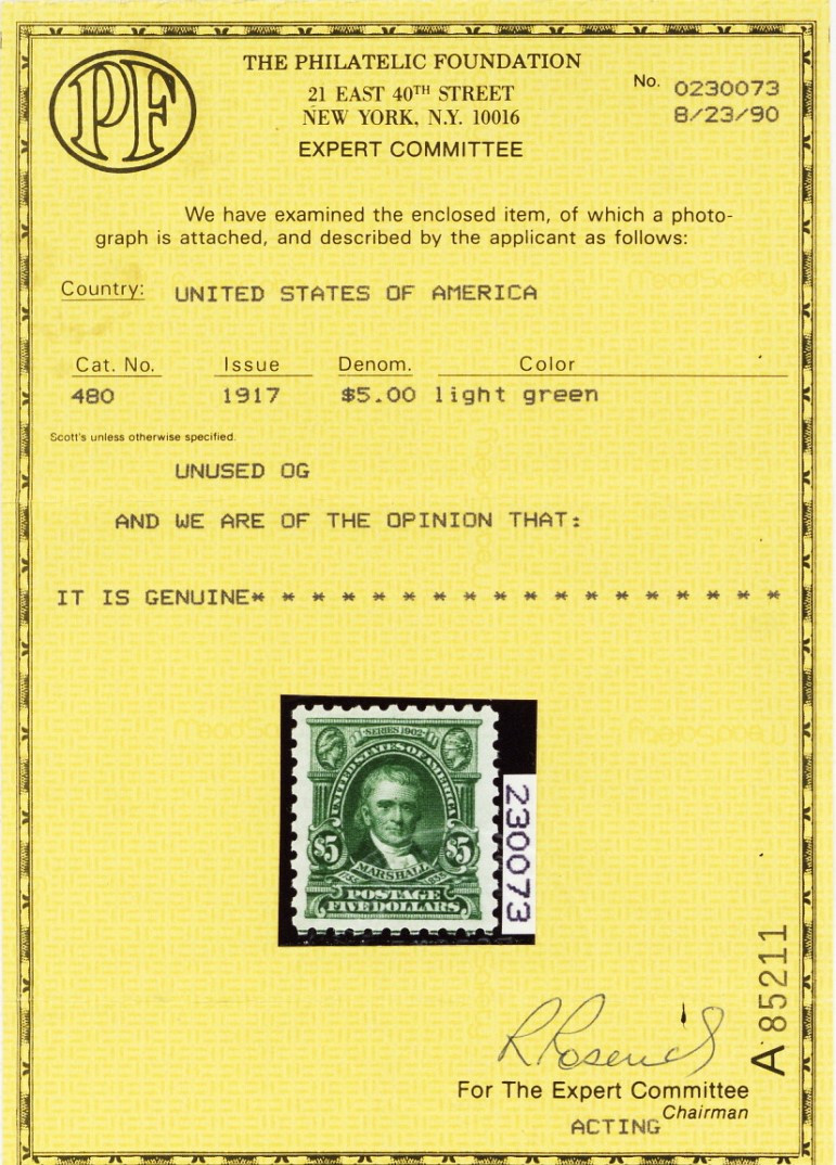 480, Mint XF/Superb NH $5 Marshall - With Clean PFC Certificate ...