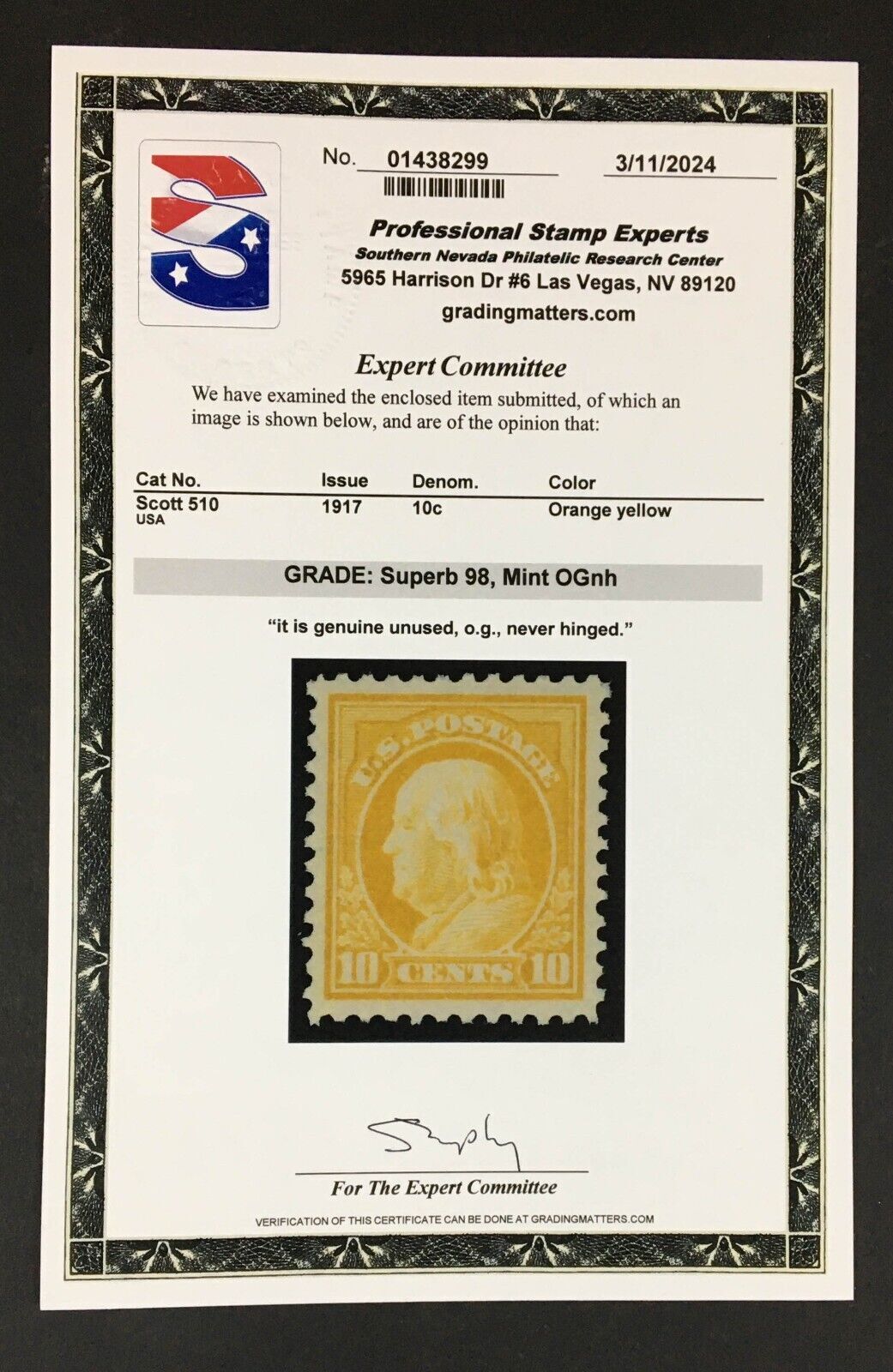 US Stamps #510 Mint OG NH PSE Graded Cert Sup-98 LOT #88865 | United ...