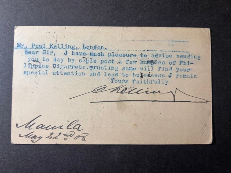 1908 Philippines Postcard Cover Manila to London England via English ...