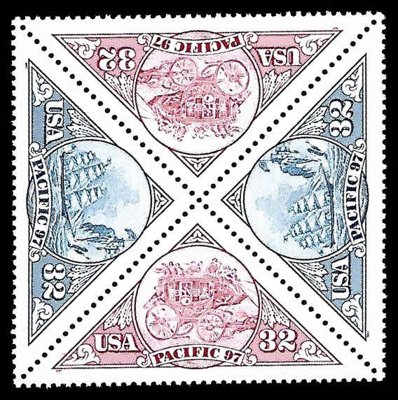 PCBstamps US #3130/3131 Block $1.28(2x2x32c)Stagecoach & Ship, MNH, (4 ...