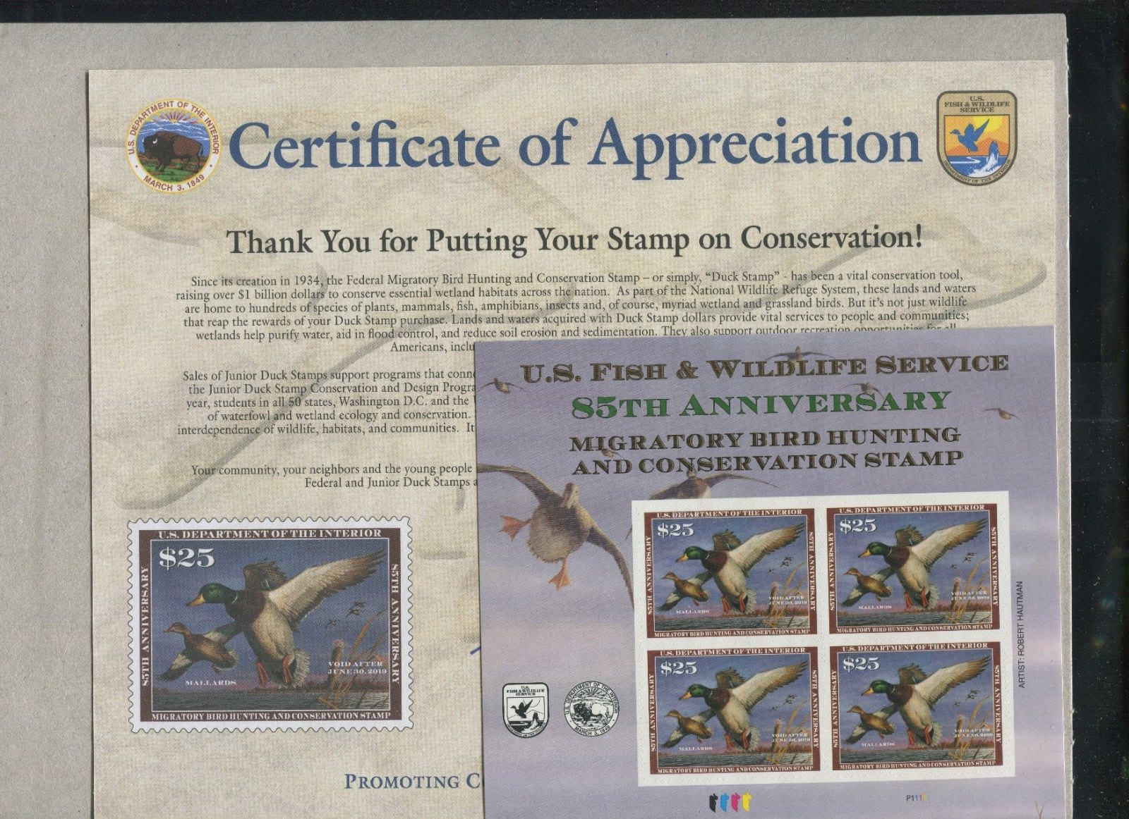 RW85b Federal Duck Sealed Mint Souvenir Sheet of 4 Stamps NH with COA ...