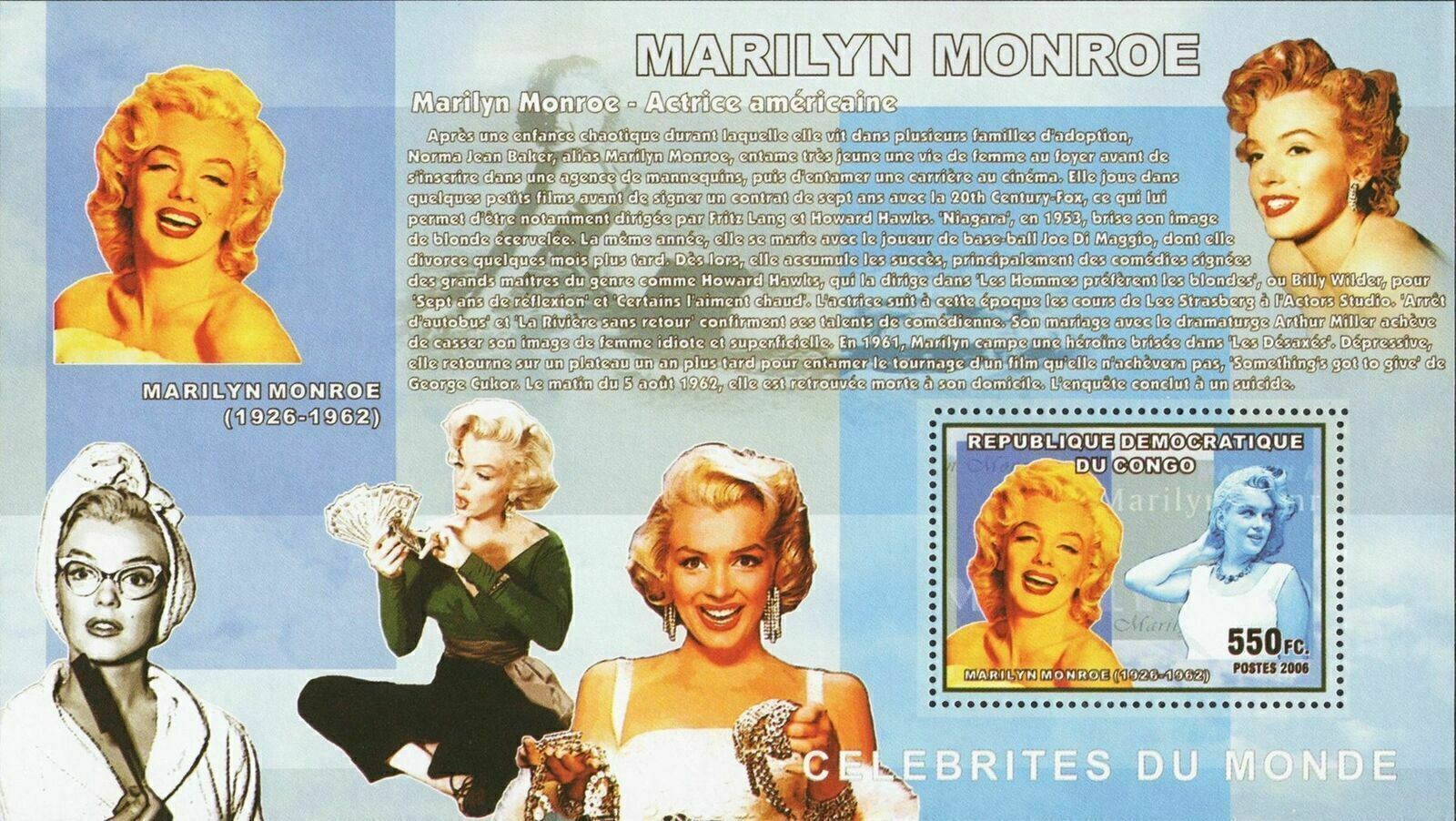 Marilyn Monroe Stamp Actress Movie Hollywood Jewelry Souvenir Sheet ...