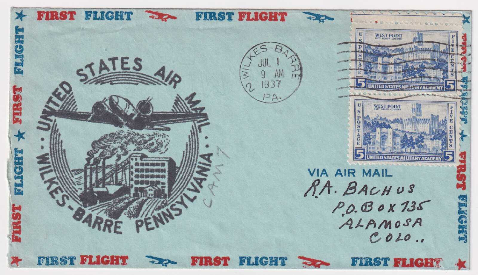 United States First Flight Cover - 1937 From Wilkes-Barre Pennsylvania ...