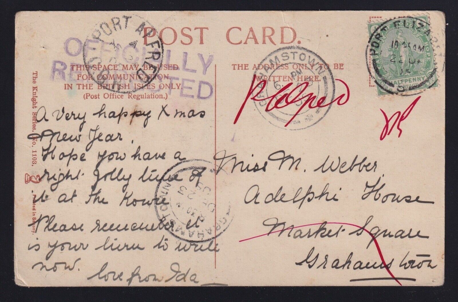 Cape of Good Hope 1905 Officially Redirected Postcard Port Elizabeth ...