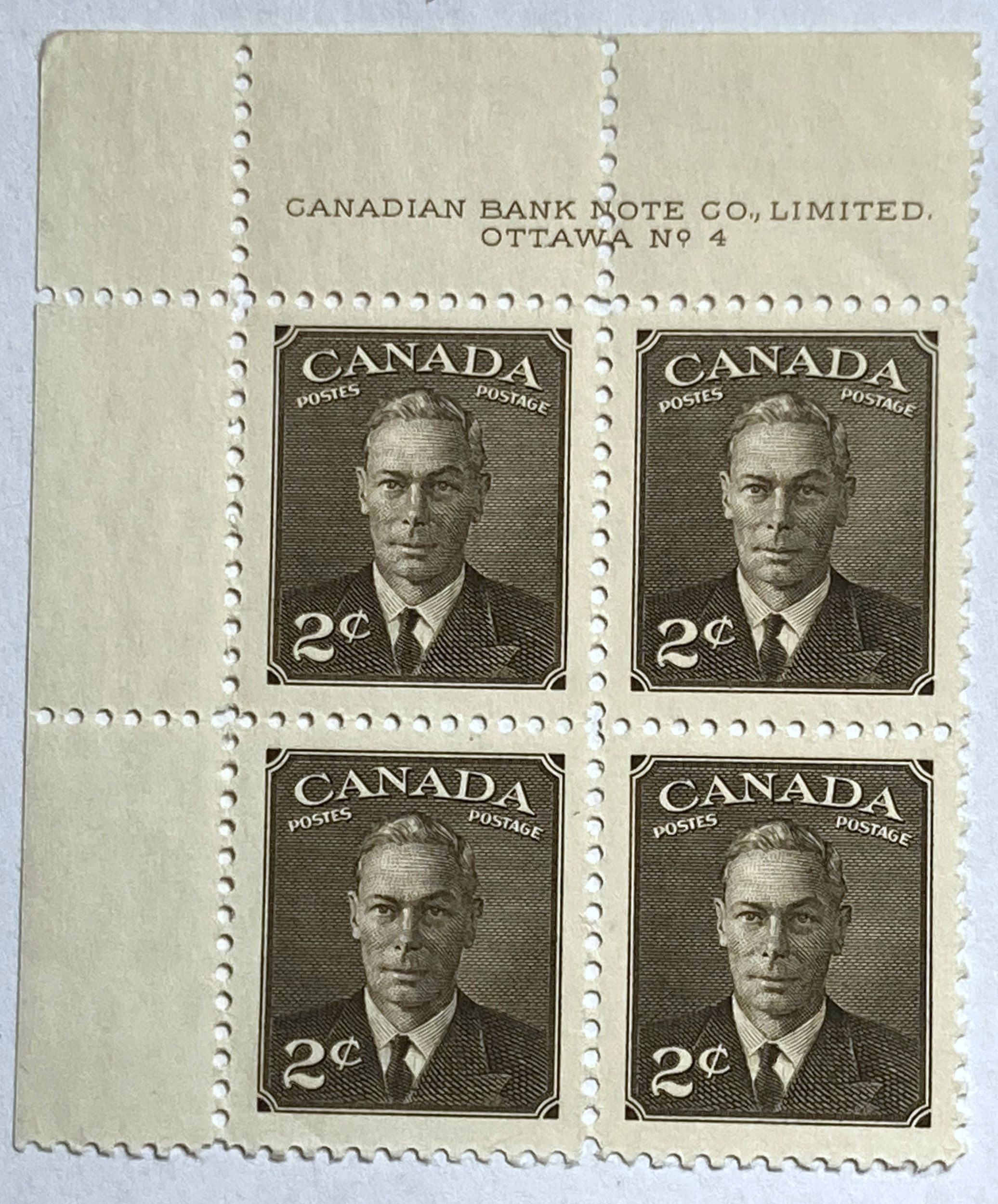CANADA 1949 #285 King George VI w. "Postes-Postage" Pl. Block of 4 (#4 ...