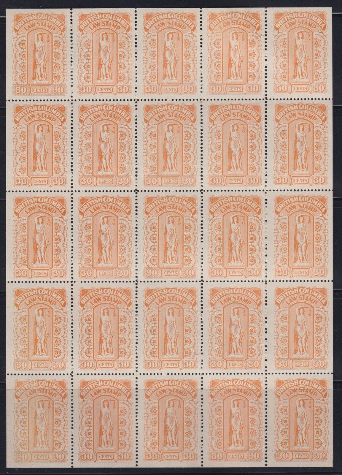 British Columbia VD #BCL38 (1942-8) 30c orange Law Stamp Complete Pane ...