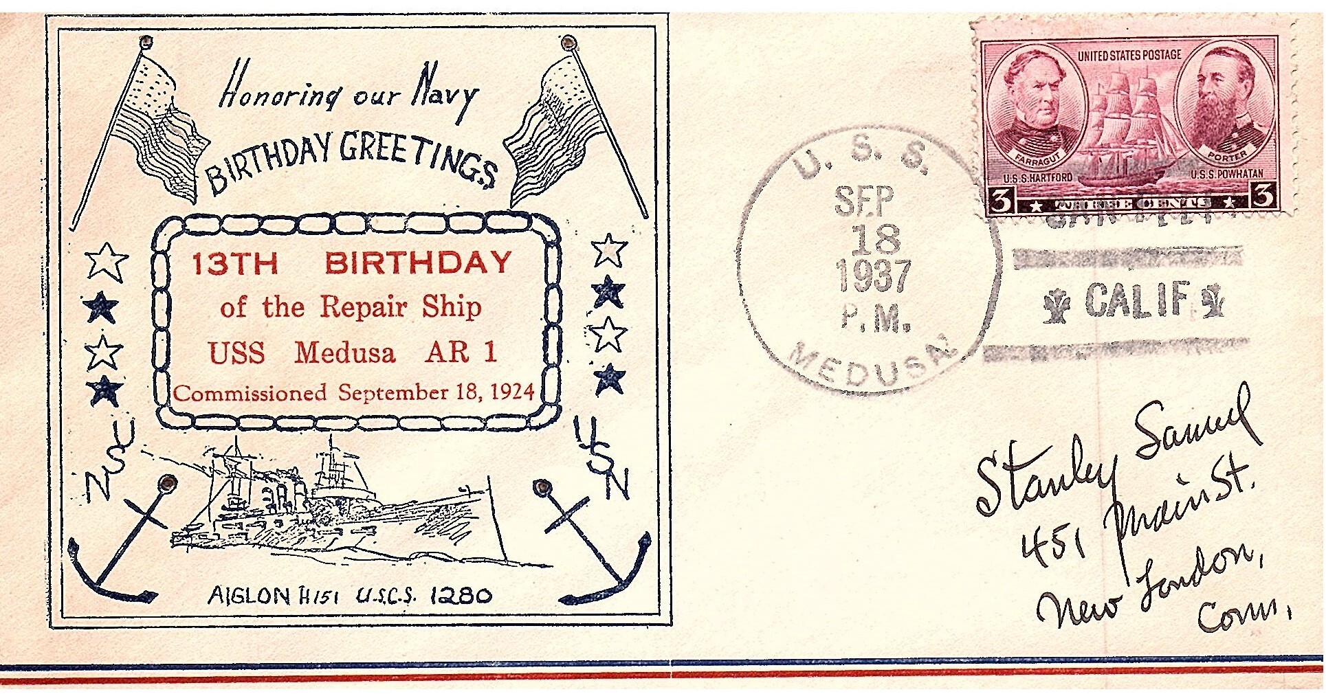 USA 1937 Scott 792 on Cachet Cover 13th Birthday Repa ir Ship MEDUSA ...
