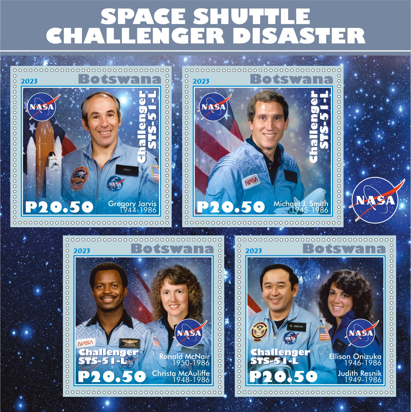 Stamps. Space. Challenger 2023 year 1+1 sheets perforated Botswana NEW ...