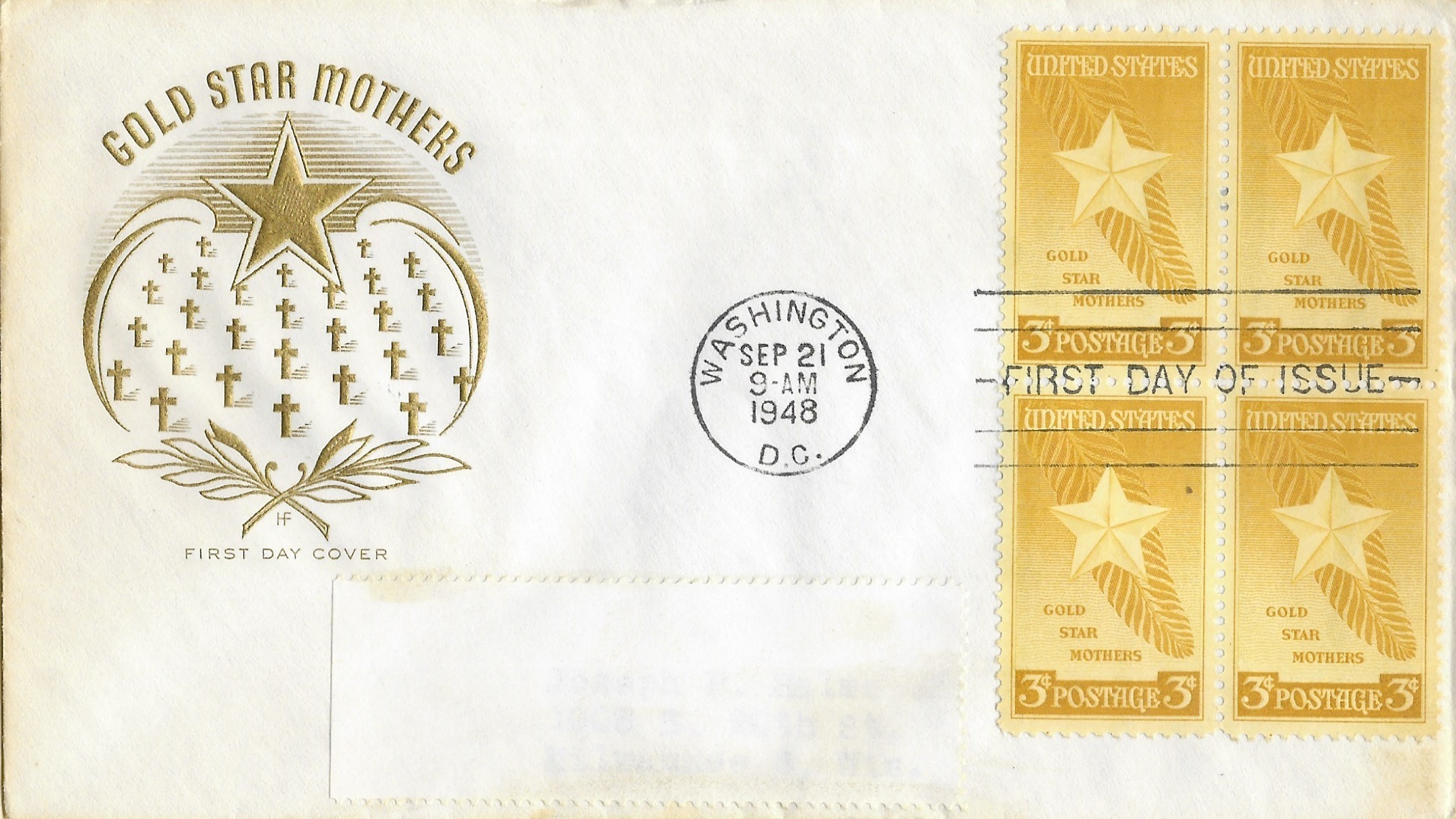 1948 FDC, #969, 3c Gold Star Mothers, House of Farnam, block of 4 ...