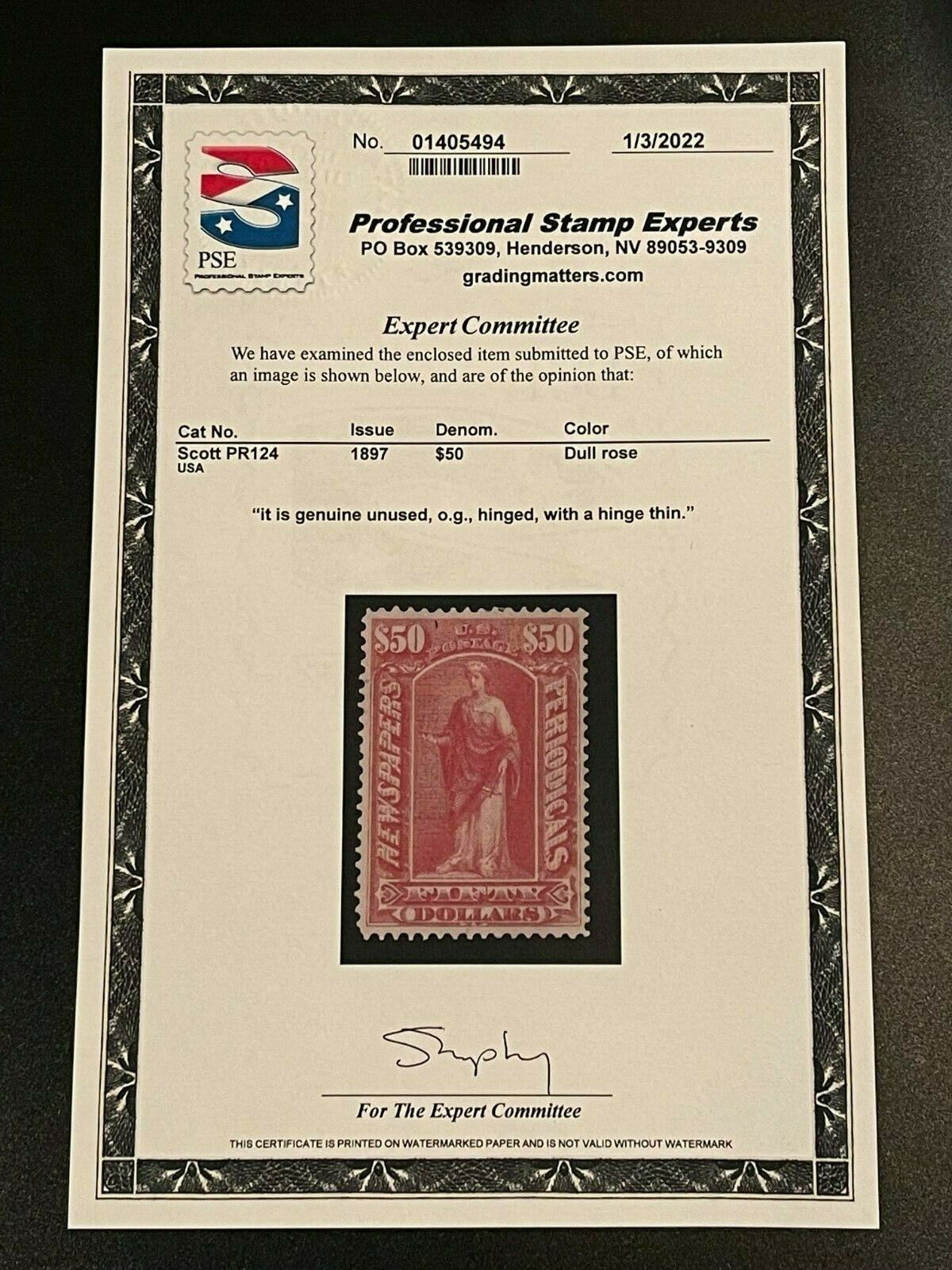 Scott#: PR124 Newspaper Stamp Periodicals $50 Unused/LH OG w/2022 PSE ...