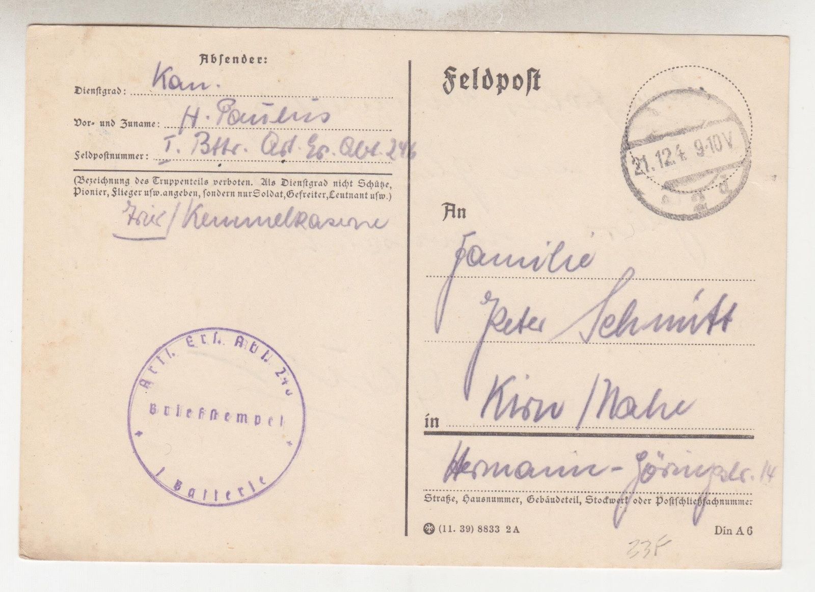 GERMANY, FELDPOST, 1940 Postal Card to Kien. | Europe - Germany ...
