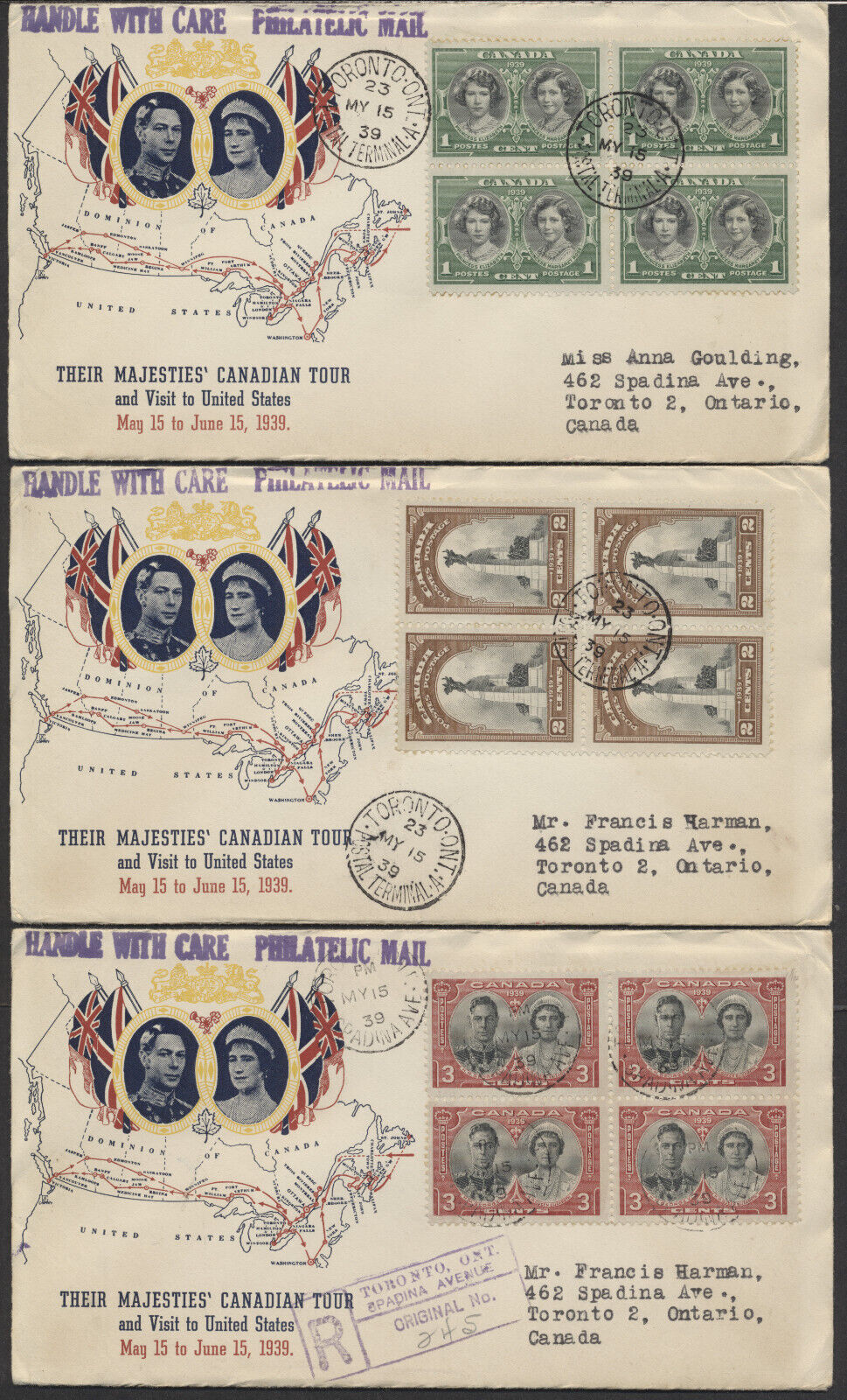 1939 Set of 3 Royal Visit FDCs Blocks Staehle Map Cachets Toronto ...