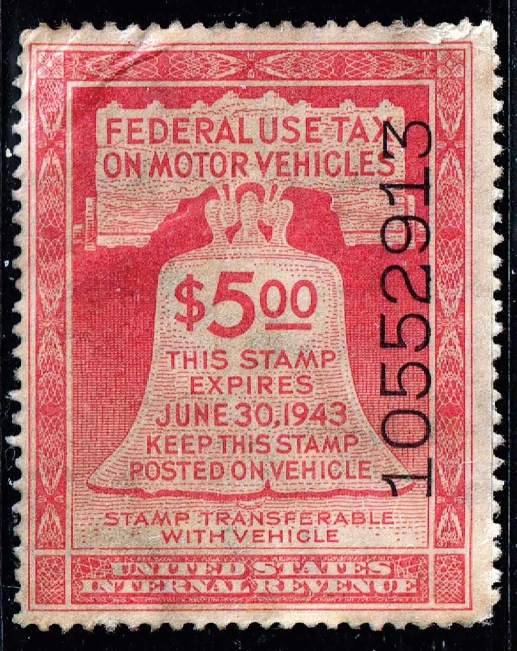 US STAMP BOB 1943 $5 Motor Vehicle Tax Stamp USED CREASE / HipStamp