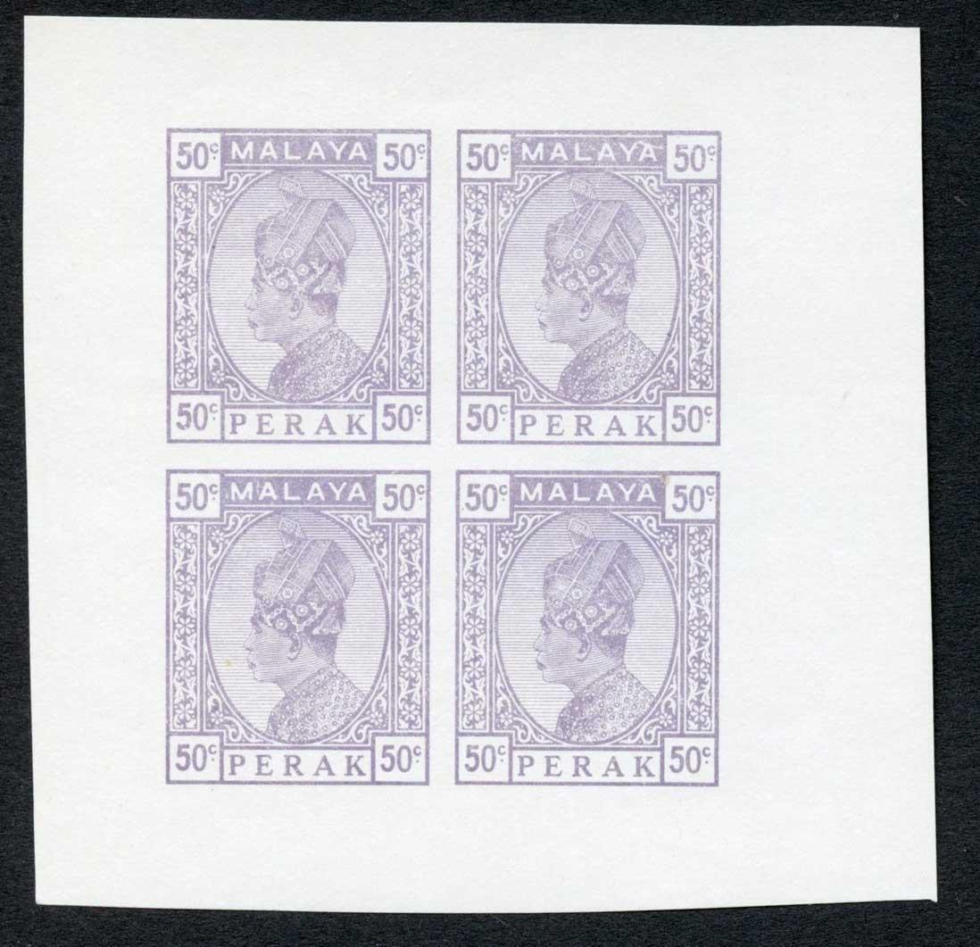 Perak 1935 50c Pale Violet proof/colour trial Imperf Block on white ...