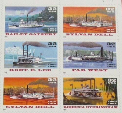 Four Sheets x 20 = 80 of RIVERBOATS / STEAM BOATS 32¢ US Stamps USA ...