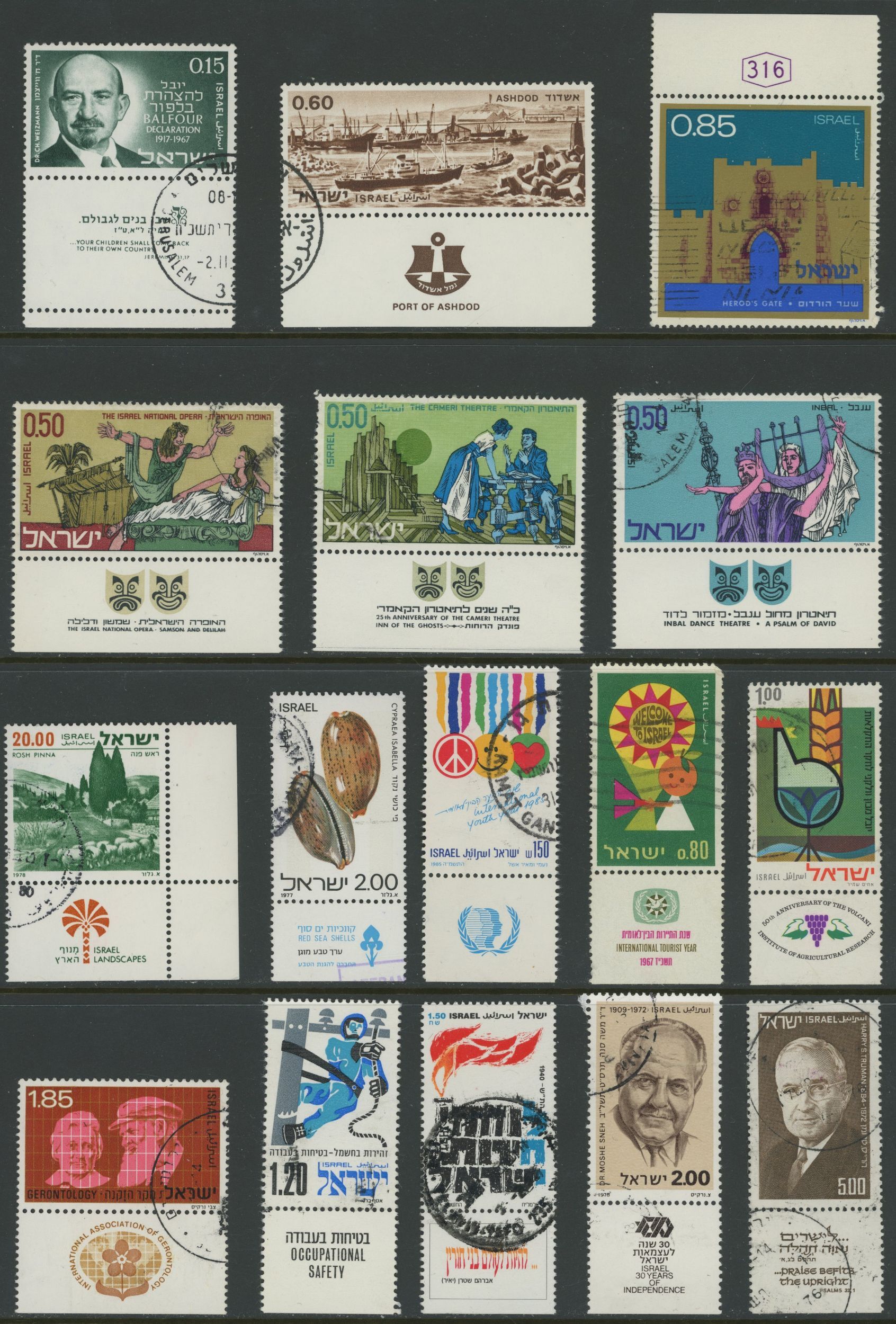 Israel - Collection of 53 different used stamps with tabs intact ...