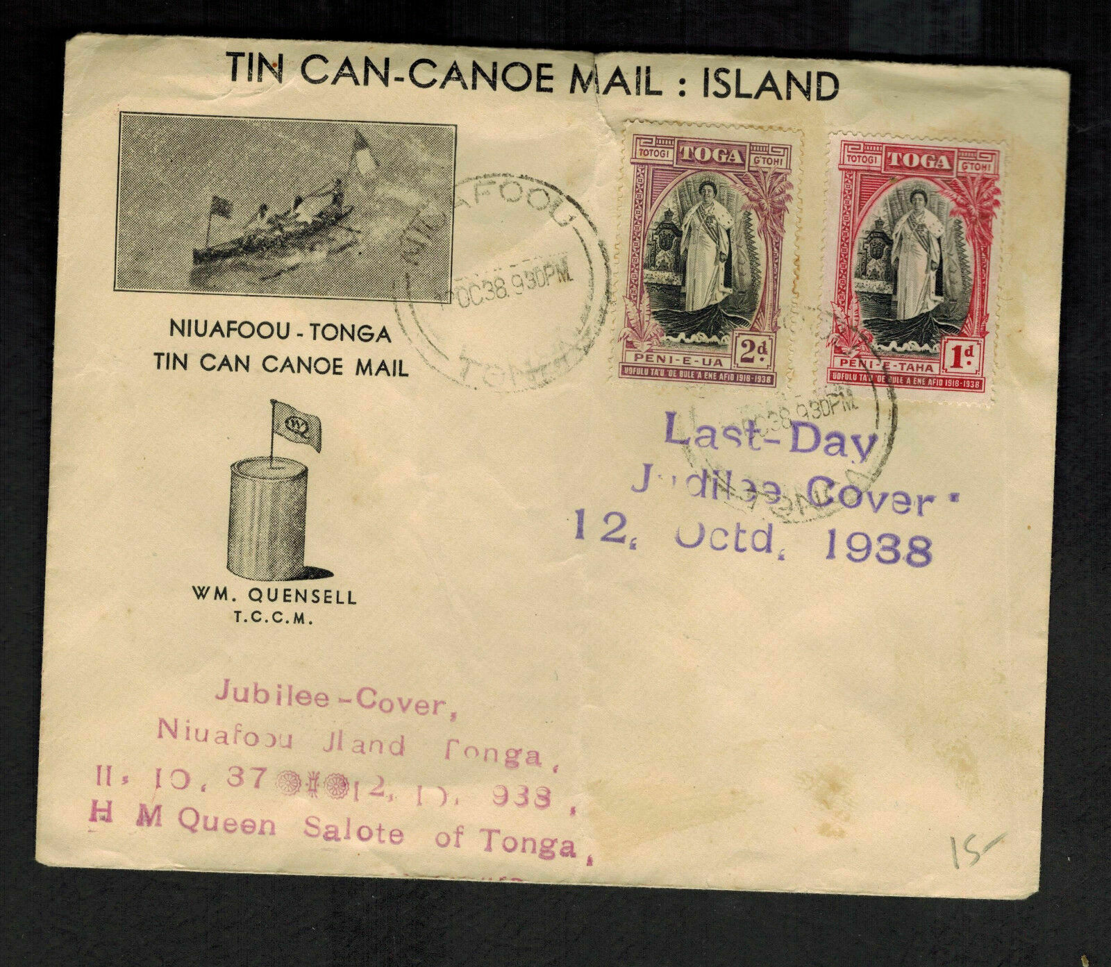 1938 Tonga Toga Tin Can Canoe Mail Illustrated Last Day Jubilee Cover ...