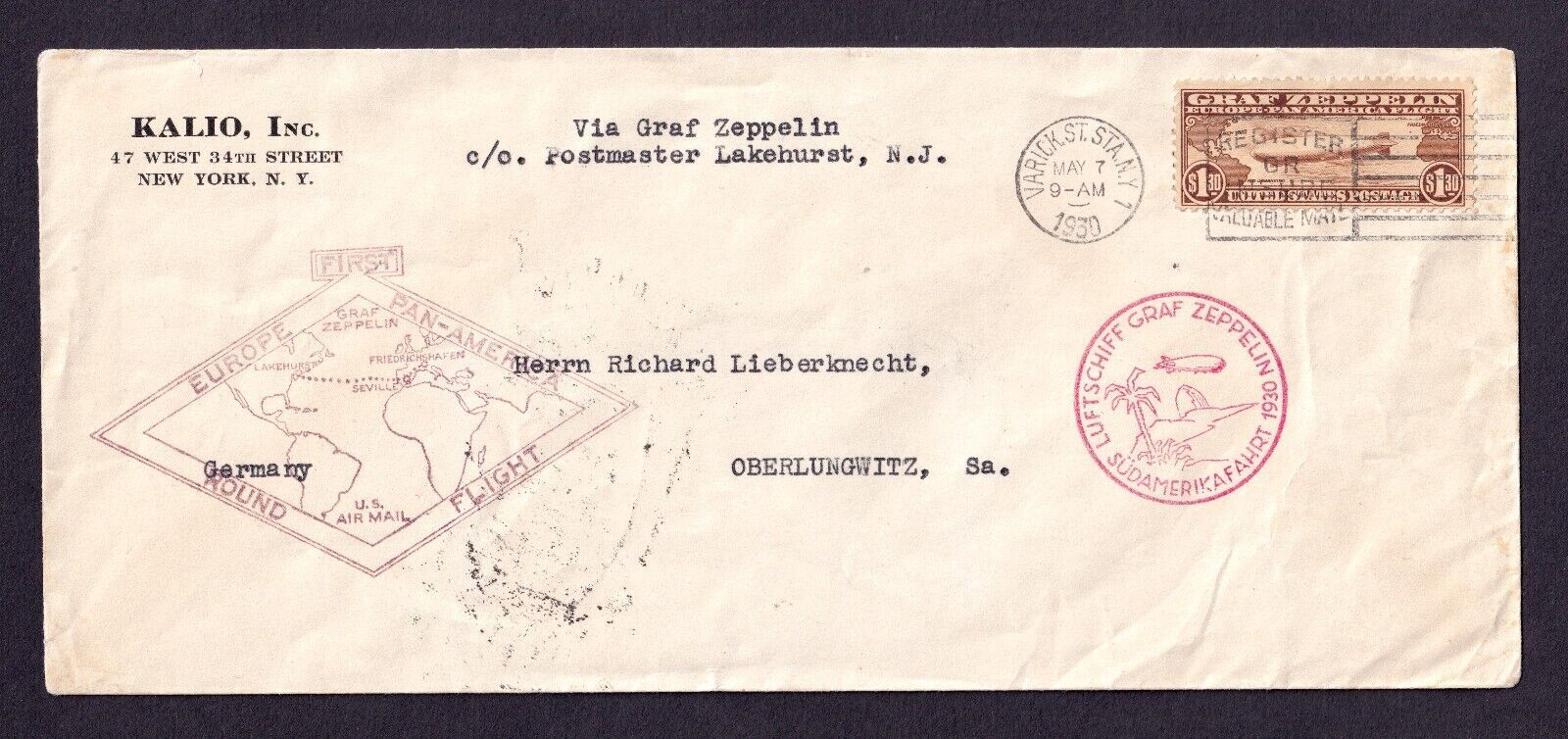 US Scott C14 (cover) 7th May 1930 Graf Zeppelin, $1.30 brown, FINE USED ...