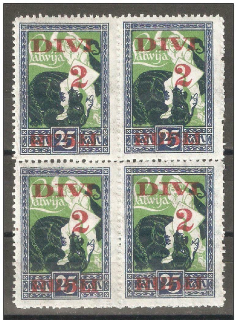 Latvia 1920-21,Surcharged 2R on 25k Block Scott # 93,VF MNH**OG ...